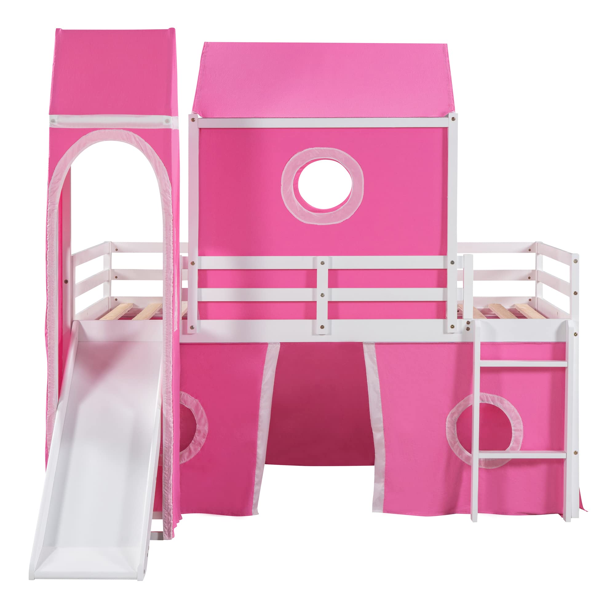 Harper & Bright Designs House Loft Bed with Slide and Tent, Twin Size Loft Bed with Small Pinnacle and Ladders, Wood Bunk Bed, Playhouse Bed Frame for Kids, Teens, Boys & Girls (Twin Size, Pink)