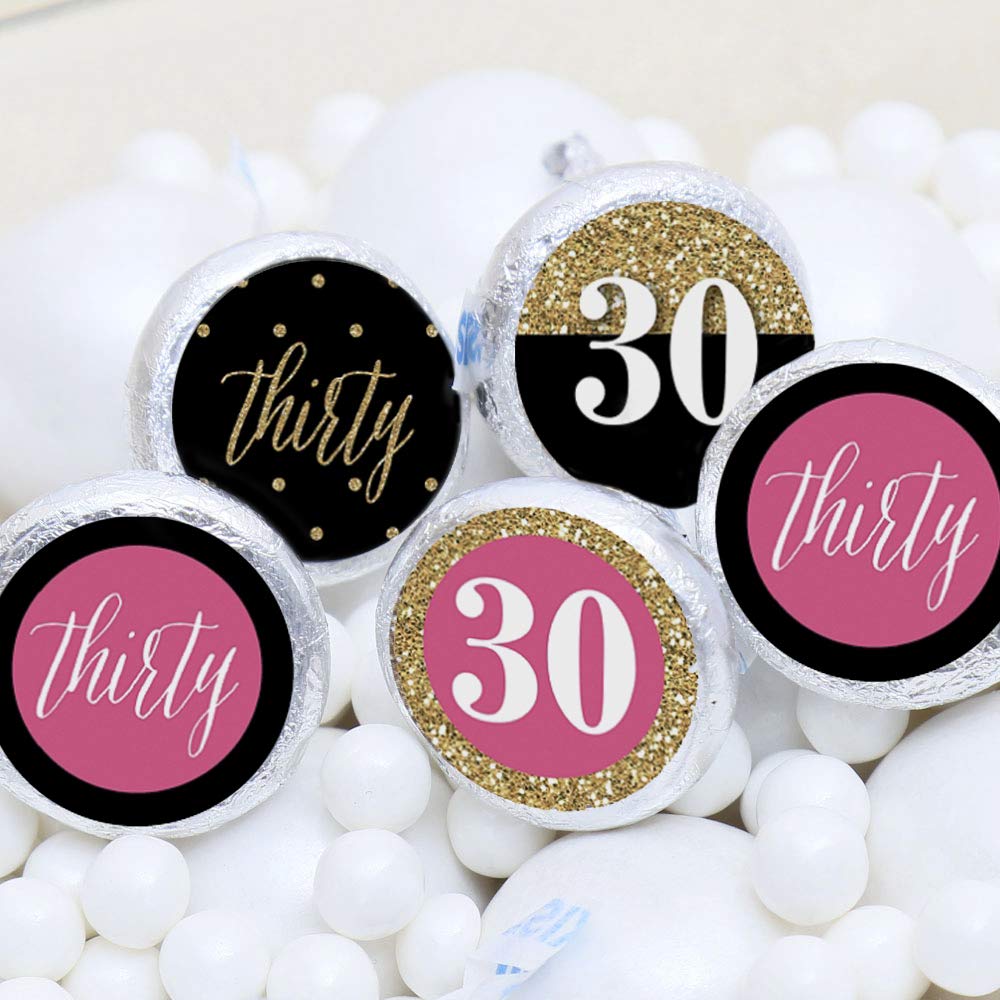 Big Dot of Happiness Chic 30th Birthday - Pink, Black and Gold Round Candy Sticker Favors – Labels Fit Chocolate (1 Sheet 108)