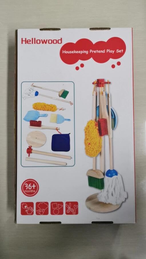 HELLOWOOD Kids Cleaning Set, 8pcs Housekeeping Play Set Includes Broom Mop Duster Dustpan Brushes Rag and Organizing Stand, Cleaning Toys Gift for Toddlers Girls Boys Age 3-6, Solid Beech Wood