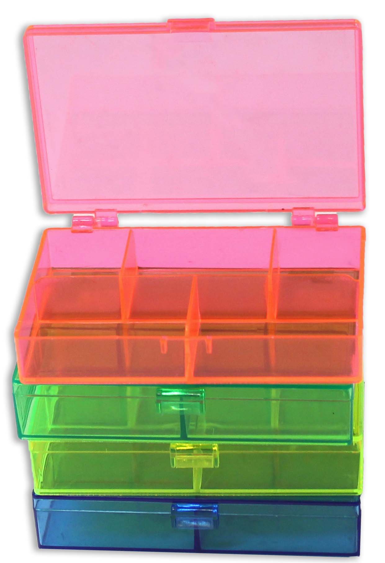 BIN BUDDY Set of 4 | Colored Transparent Plastic Boxes | 4.5" (11.4 cm) x 3" (7.6 cm) x 1" (2.5 cm) | Hinged Lids, 5 Internal Sections | For Crafts, Sewing