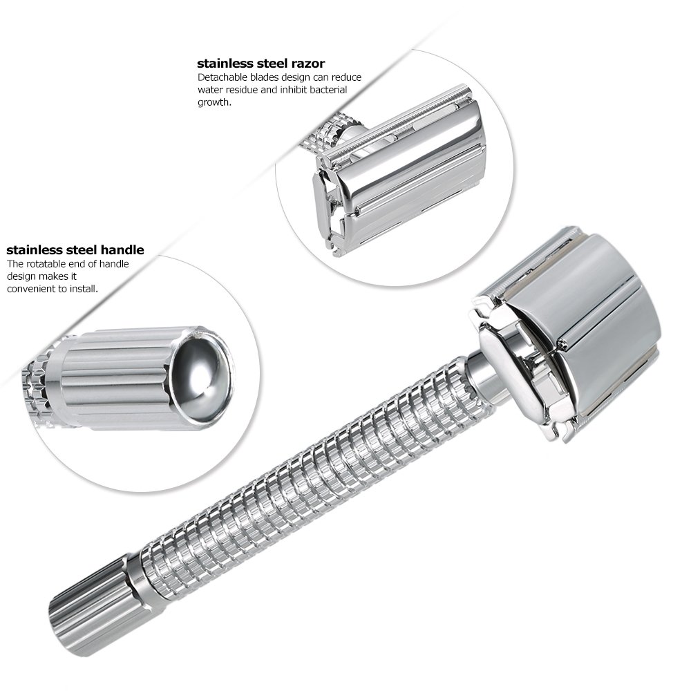 Safety Razor Metal Double-edged Shaving Razor Manual Mustache Removal Traditional Shaving Tool with 20Pcs Razor Blades for Hotel Home Travel (Silver)