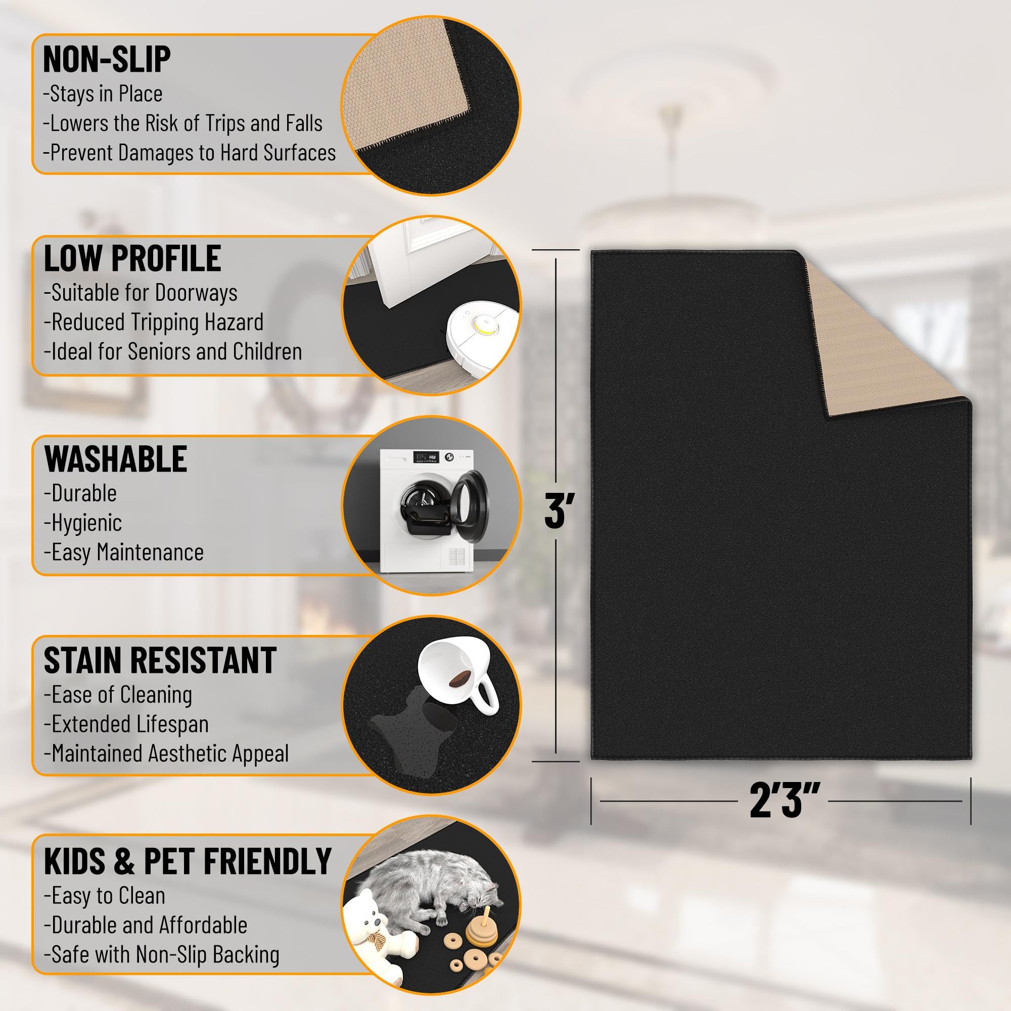 Ottomanson Ottohome Collection Non-Slip Rubberback Modern Solid Design 2x3 Indoor Area Rug/Entryway Mat, 2'3" x 3', Black