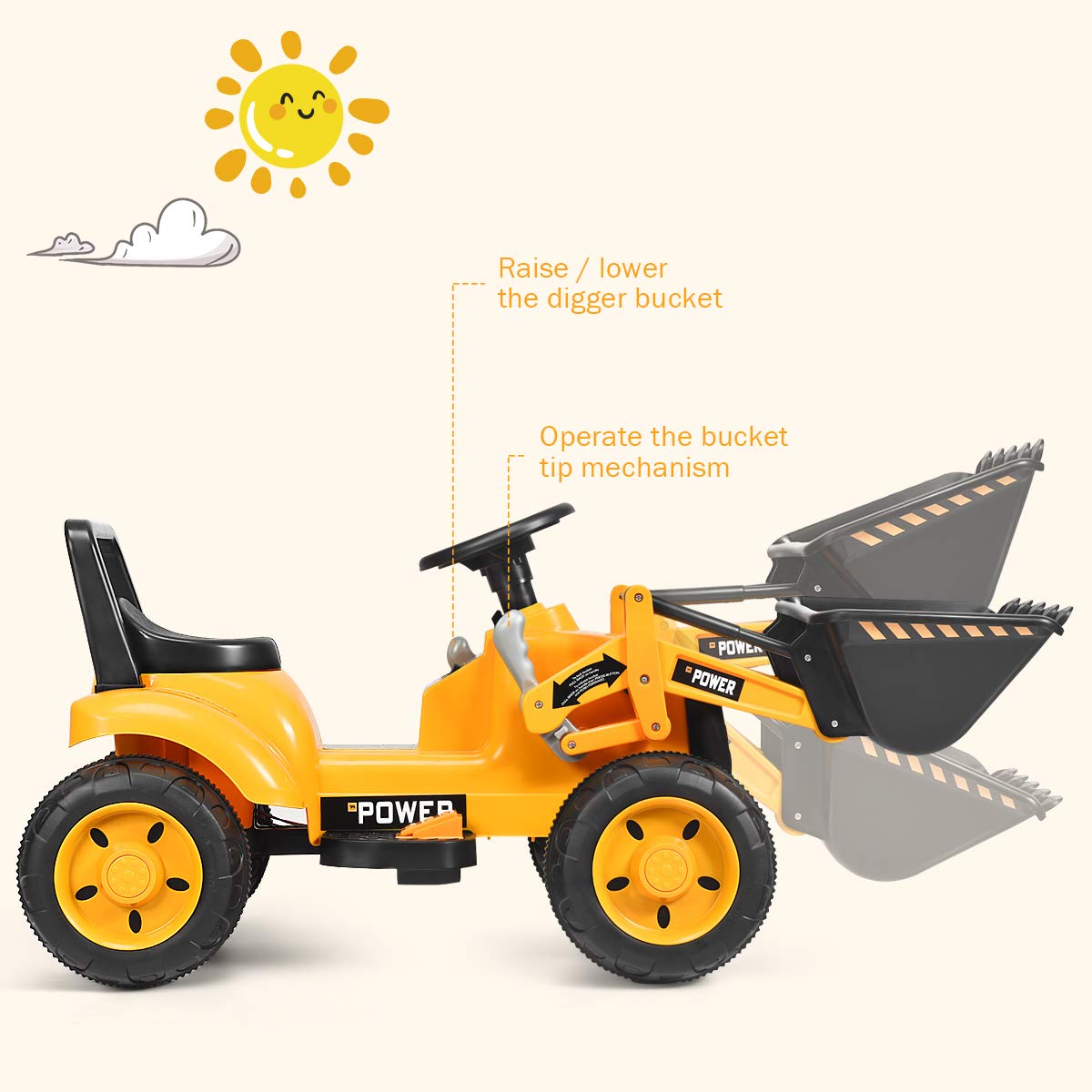 HONEY JOY Ride On Excavator, 6V Battery Powered Wheeled Loader Digger with Working Front Bucket, Forward/Backward, Electric Construction Vehicle for Kids, Ride On Tractor for Boys Girls, Yellow