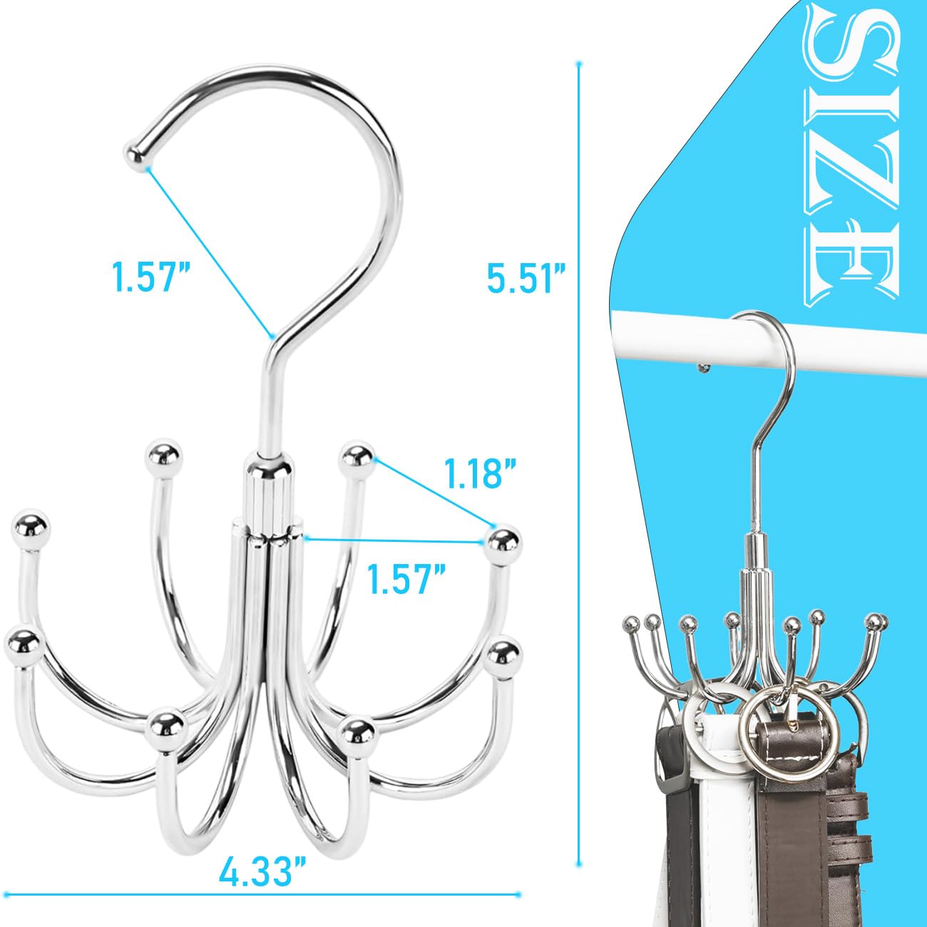 Belt Hanger, Belt Organizer for Closet Organizers and Storage, Rotatable Space Saving Hangers Rack Holder Hooks for Hanging Tie, Hat, Scarf, Tank Top, College Dorm Room Essentials Accessory Organizers