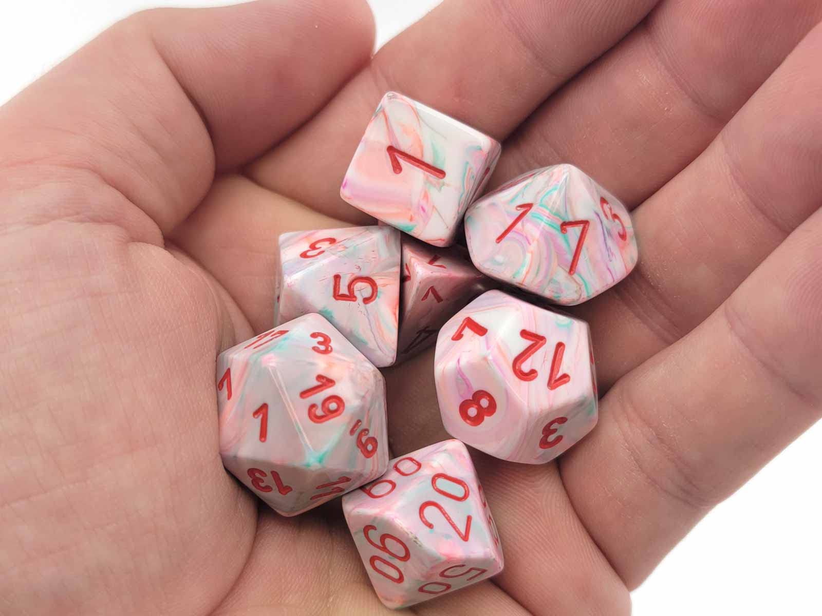 DND Dice Set - Chessex D&D Dice-16mm Festive: Pop Art & Red Limited Edition Plastic Polyhedral Dice Set-Dungeons and Dragons Dice Includes 7 Dice - D4 D6 D8 D10 D12 D20 D%, Pink, (CHX27539)