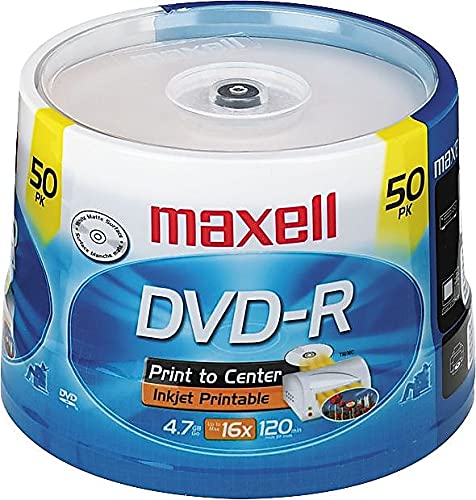 Maxell 638022 DVD-R Recordable Discs, Printable, 4.7GB, 16x, Spindle, White, 50/Pack