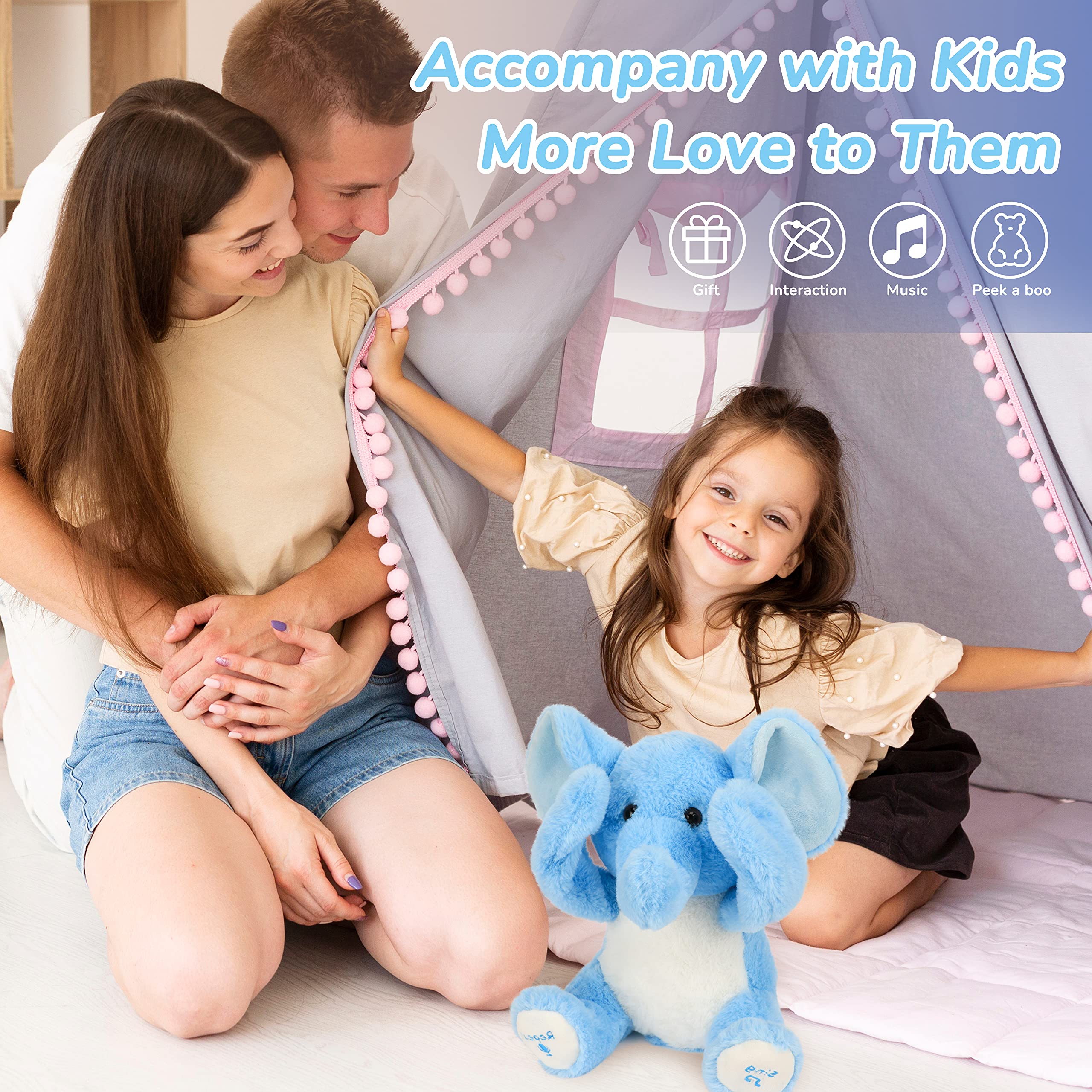 Hopearl Peek A Boo Elephant Interactive Repeats What You Say Plush Elephish Toy Musical Singing Talking Stuffed Animal Adorable Electric Animate Birthday Festival, Blue, 11.5''