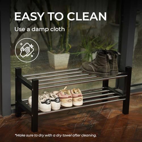ARROWSTONE Black Shoe Rack 2 Tier, Solid Acacia Wood, 31" W Entryway Free Standing Shoe Rack, Stainless Steel Stackable Shoe Organizer for Front Door, Bedroom, Living Room, Bathroom