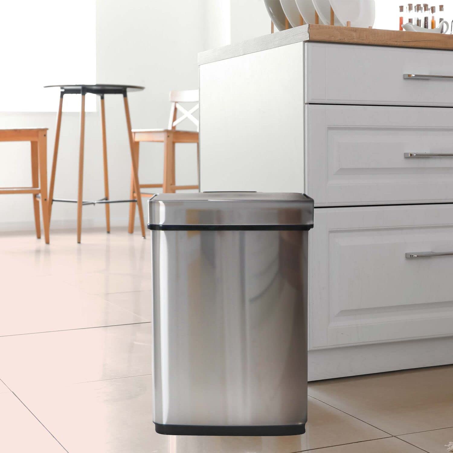 Hanover Home 33-in. Tall Hands-Free Steel Trash Can with Fingerprint-Resistant Finish and Soft-Close Motion Sensor Lid for Kitchen - 13.2 Gallons (50 Liters) in Black