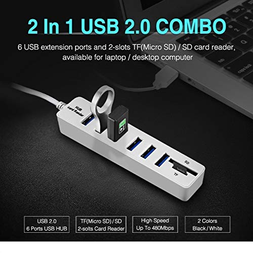 Leya-US LEYAYA Multi USB 2.0 Hub USB Splitter High Speed 6 Ports with TF SD Card Reader(Black) (Color : White)