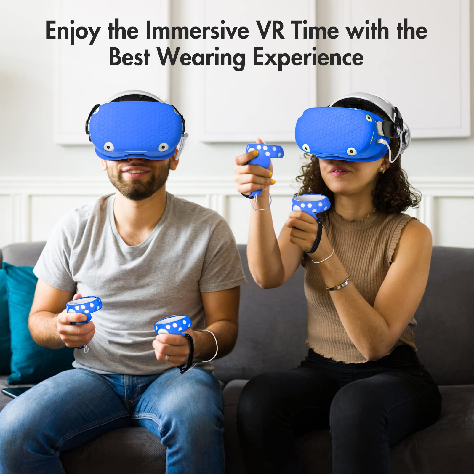 AMLINK VR Silicone Cover Accessories for Oculus Quest 2, VR Shell Cover Protective, Silicone Face Cover, Adjustable Strap Controller Grip Cover and Remote Sensing Rod Cap(Blue)