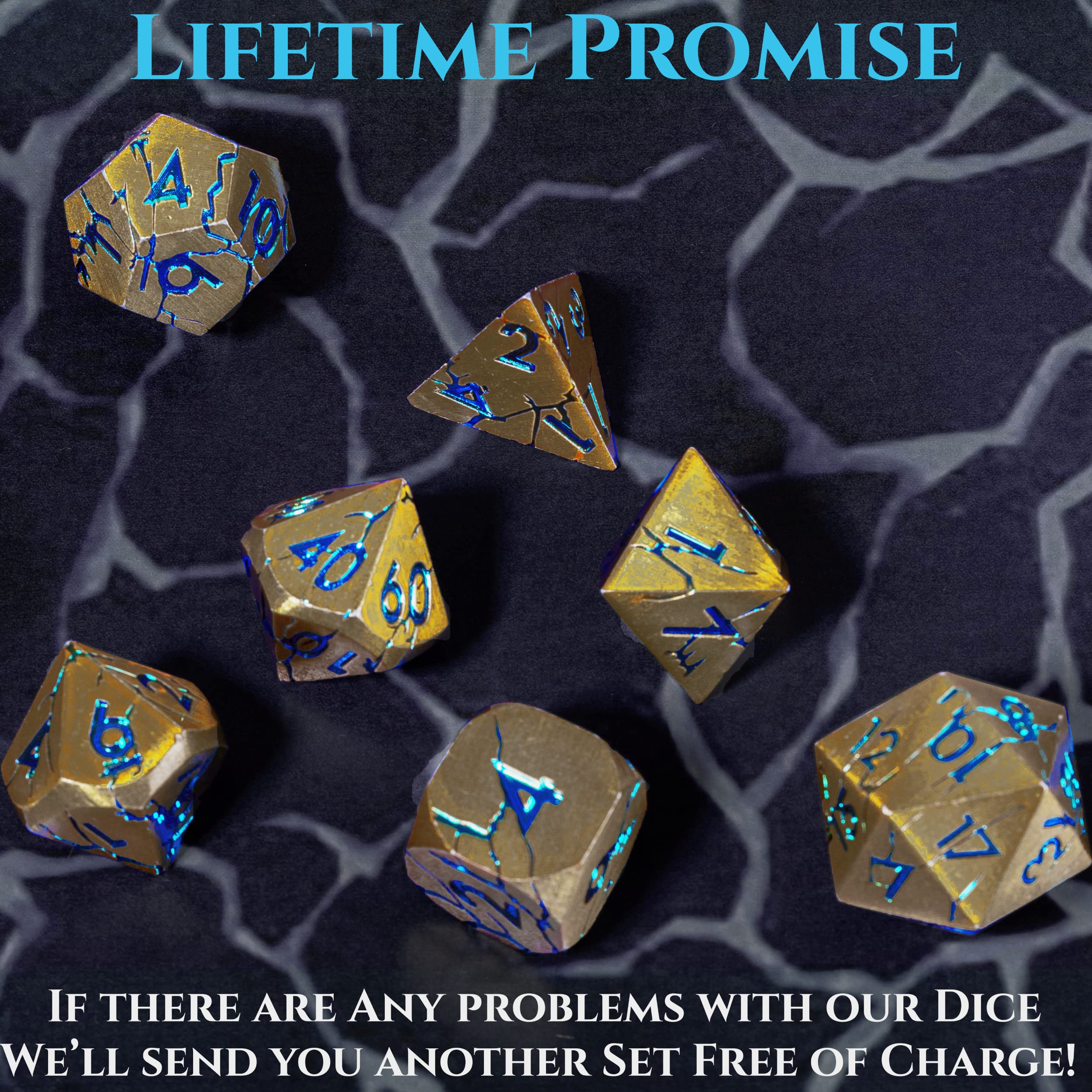 DND Metal Dice - Pharaoh Ruins Gold with Blue Cracks - Polyhedral Dice Set for D&D, RPG and More - Beautifully Detailed for Dungeons and Dragons