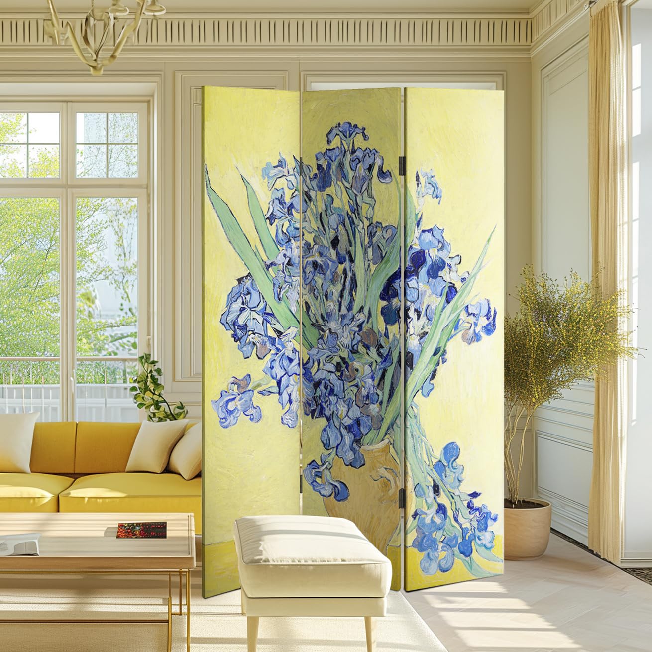 ARSTRIA 3-Panel Folding Room Divider Privacy Screen Van Gogh's Vase with Irises Against a Yellow Background Painting Canvas Foldable Portable Room Separating Divider Partition Freestanding 71'' H