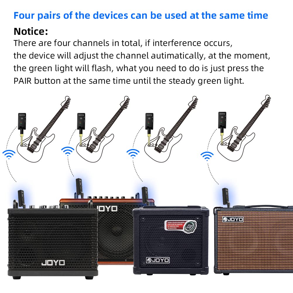 AITONE Wireless Guitar System 2.4Ghz Transmitter Receiver 4 Channels with Audio Adapter and Recharging Case for Guitar Bass Active & Passive Pickups Music Instruments