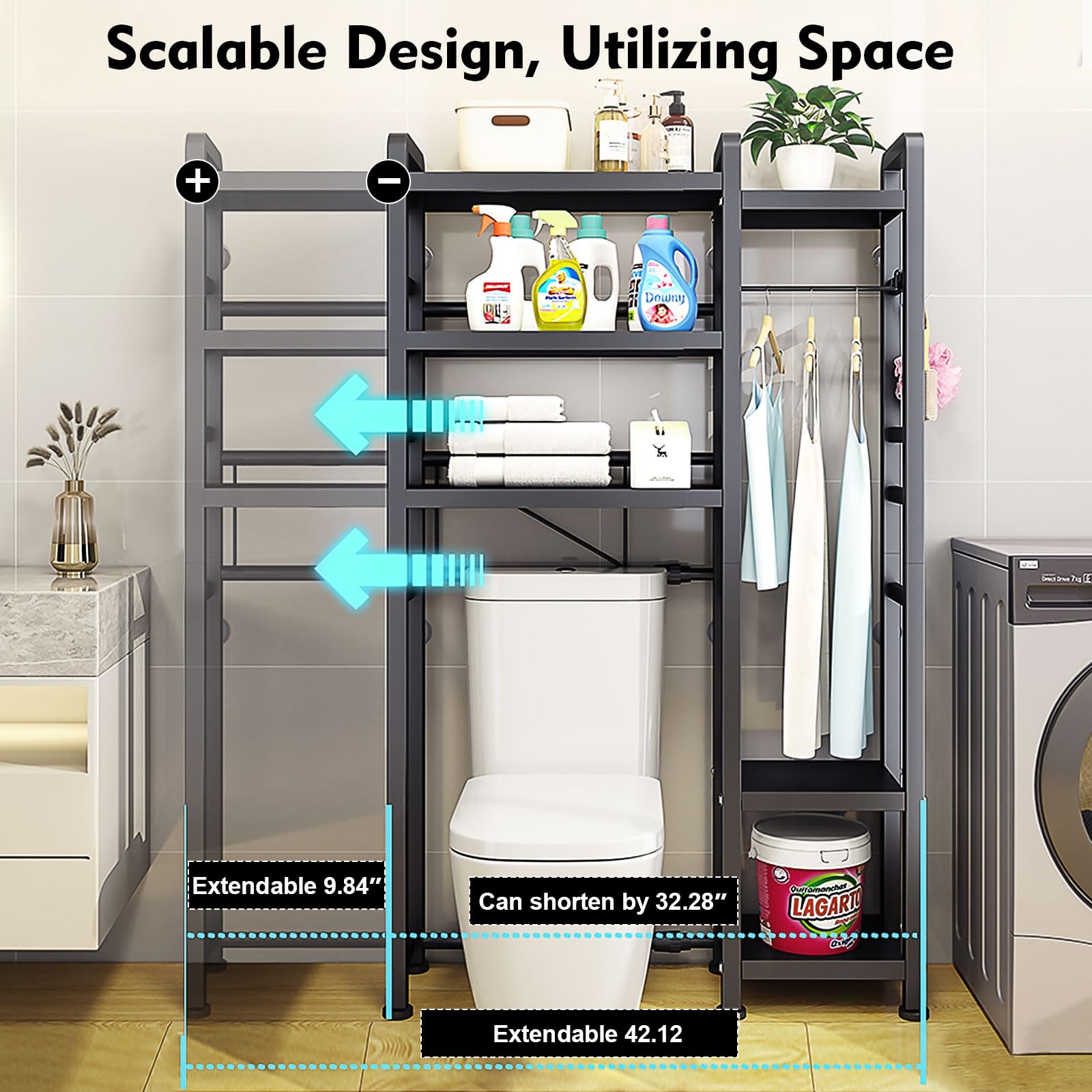 BVBOX Over The Toilet and Washer Storage Shelf, Bathroom Organizer with Adjustable PositionShelf, Bathroom Storage, Width-Adjustable Storage Rack for Restroom, Laundry