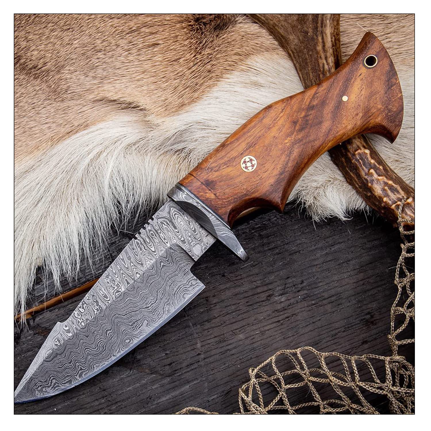 B H 9.7 Inch Handmade Damascus steel hunting knife | Bushcraft Knife with Sheath for Men | Fixed Blade Non-Slip Walnut wood Handle