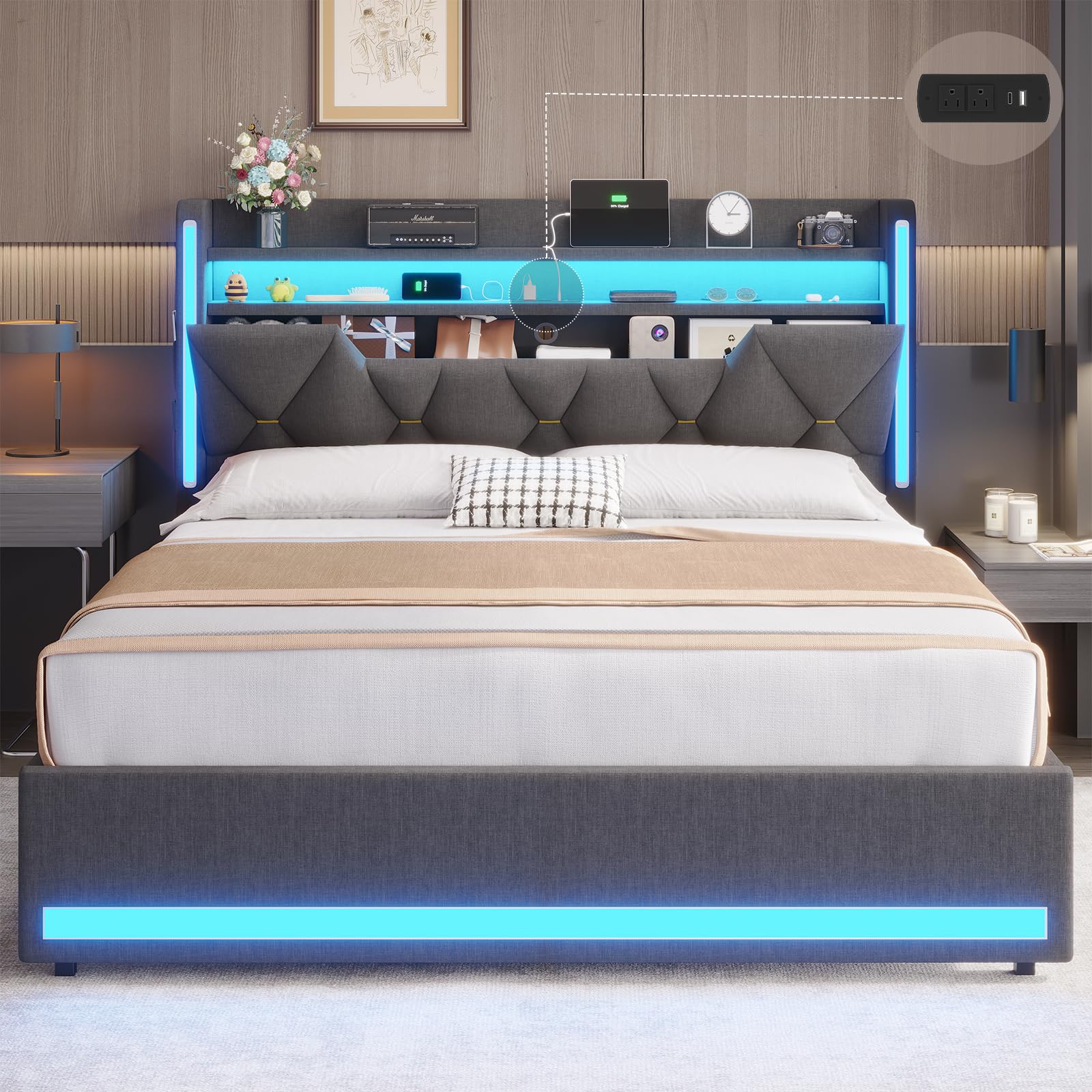 BYSAUD King Size Storage Bed Frame with Hidden Space and 2-Tier Shelves,King Bed Frame with Heaboard,King Size Bed Frame with LED Lights,Charging Station,No Box Spring Needed,Dark Gray,Linen Cloth