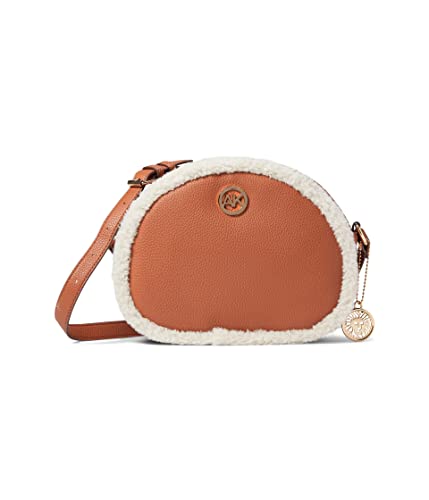 Anne Klein Dome Crossbody, Cream Shearling w/Saddle-Black