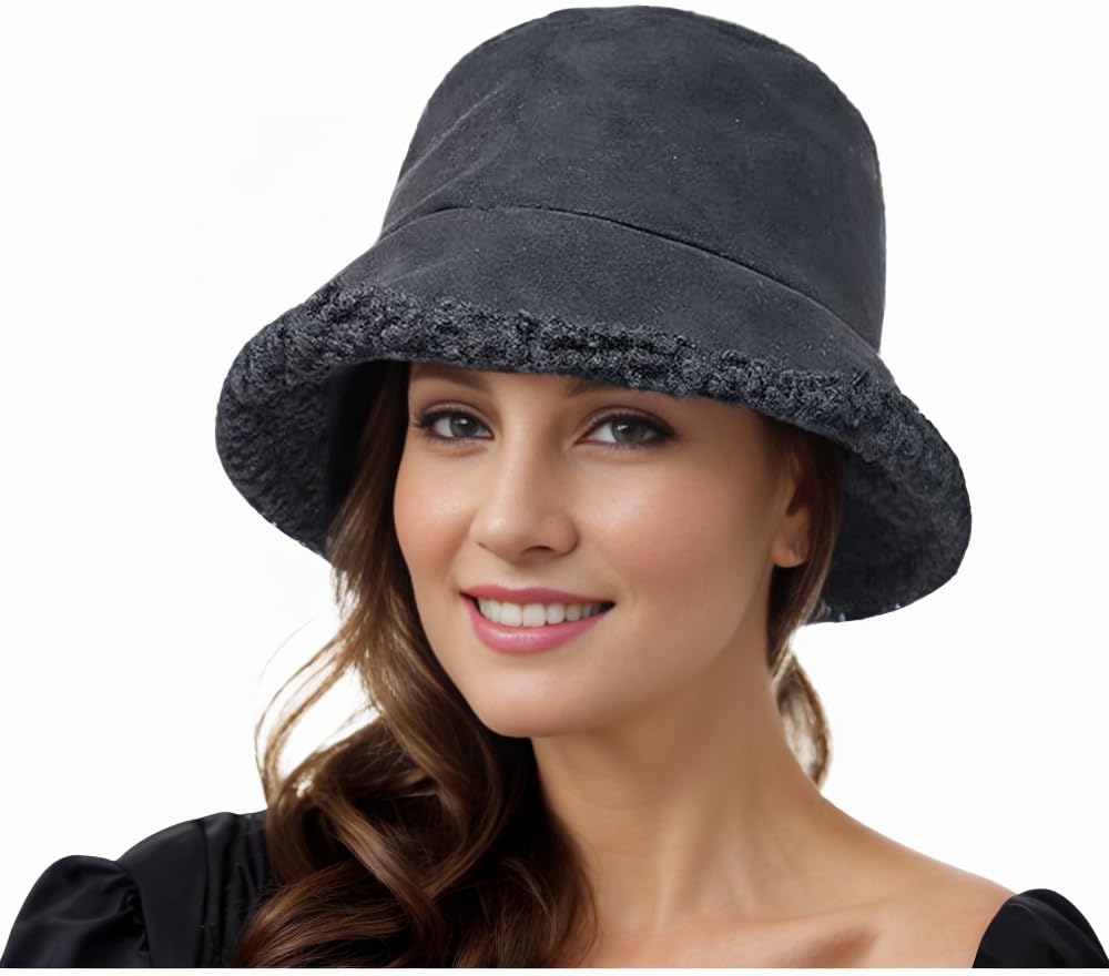 BA UNIQUE FASHION Reversible Solid Color Women Winter Faux Suede Fur Bucket Hat (Black Tone)