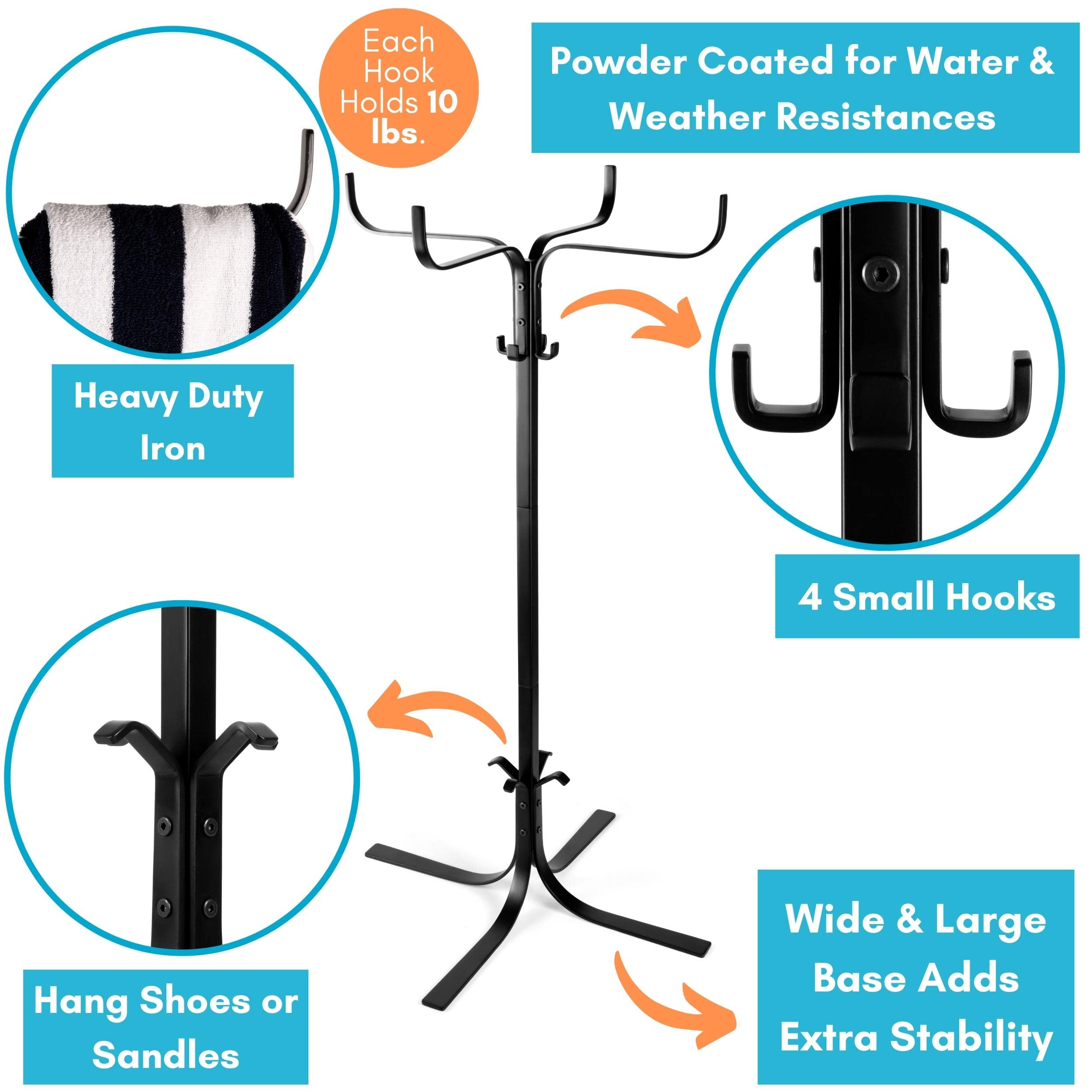 BIRDROCK HOME Outdoor Pool Towel Rack with 4 Bars & 4 Hooks | Ideal for Poolside, Hot Tub, Spa, Patio, & Indoor Use | Heavy-Duty Metal Drying Stand for Wet Bathing Suits, Towels & Accessories | 45" H
