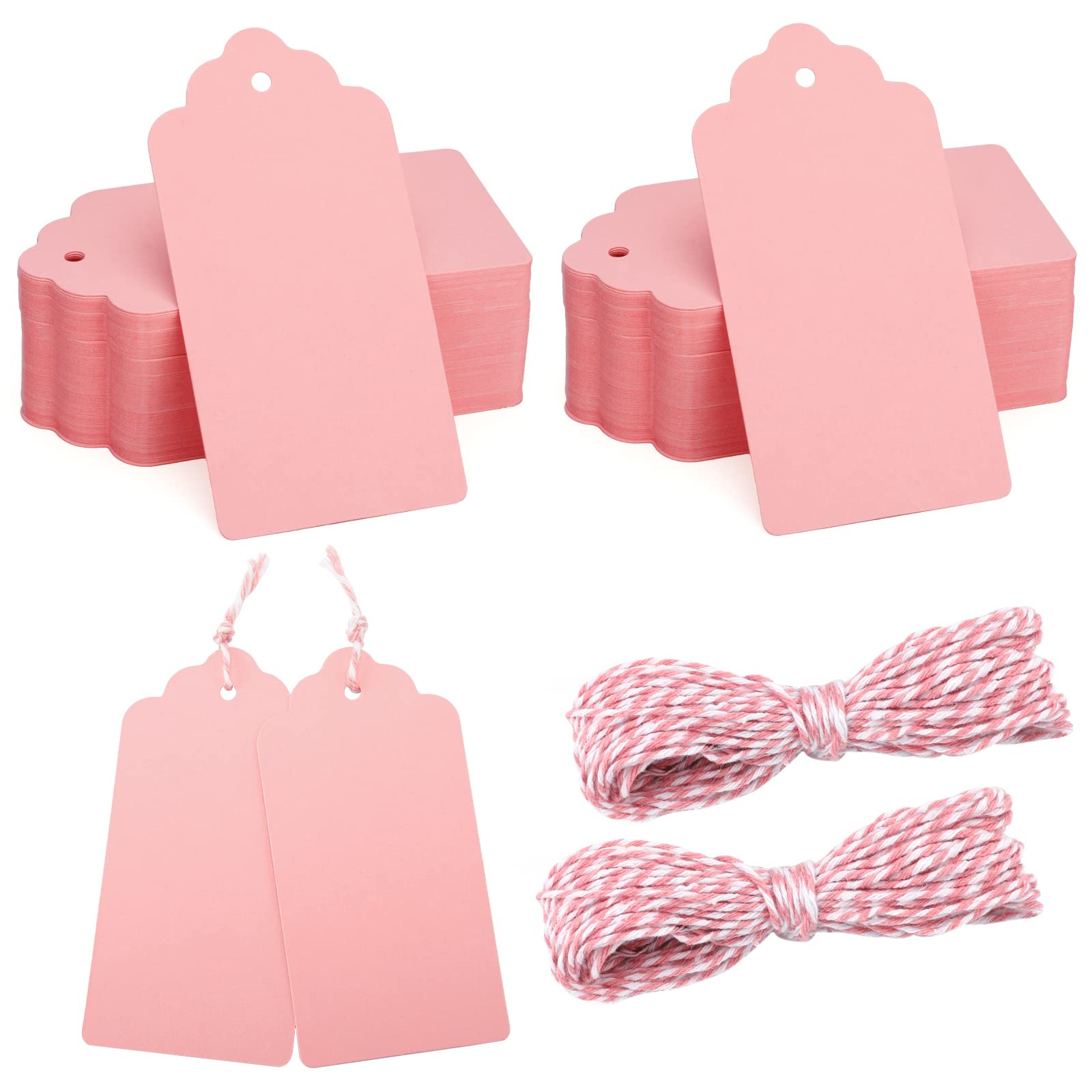 jijAcraft 100pcs Blank Paper Gift Tags with String,4”x 2” Pink Rectangle Craft Hang Labels Tags,Gift Bag Tags,Gift Wrap Tags for Father’s Day,Christmas,Wedding,Birthday,Baby Shower