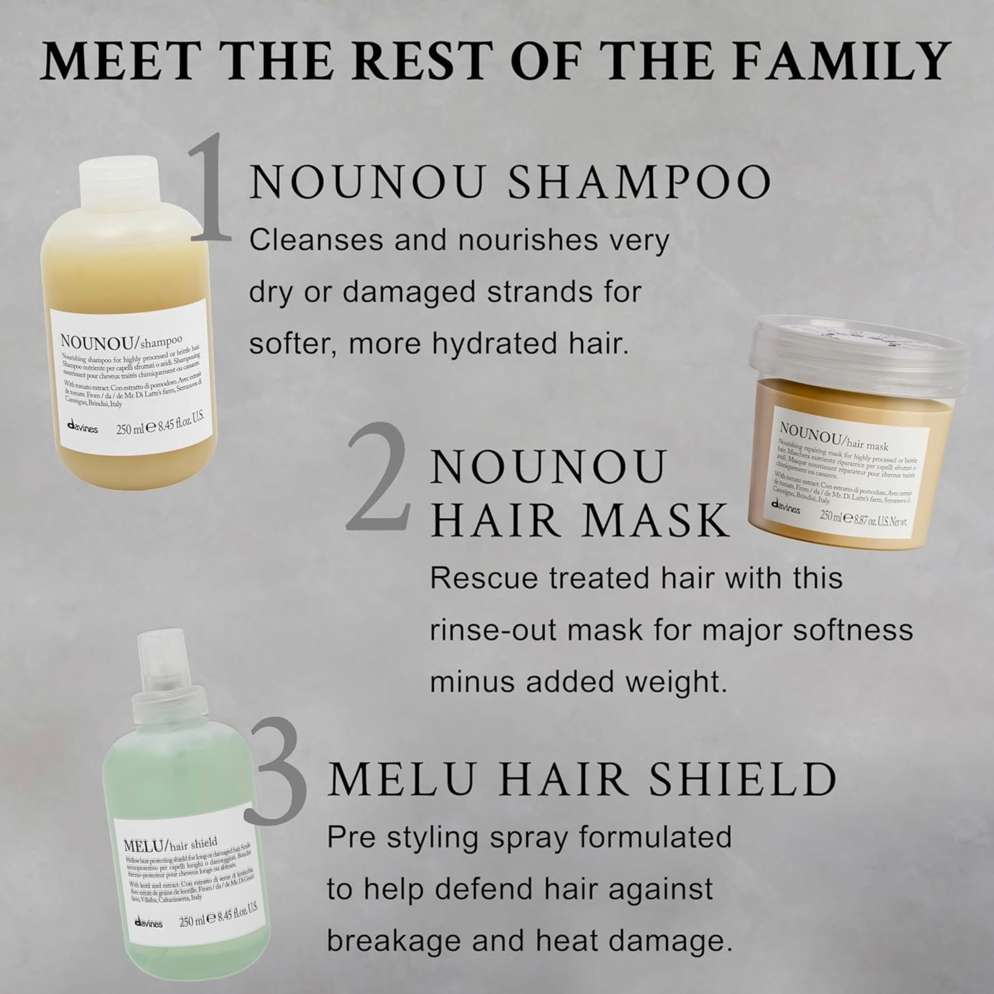 Davines NOUNOU Shampoo | Hydrating Deep Shampoo for Bleached, Permed, Relaxed, Damaged Hair or Very Dry Hair | Replenishes Chemically Processed Hair | 8.45 fl oz (Pack of 1)