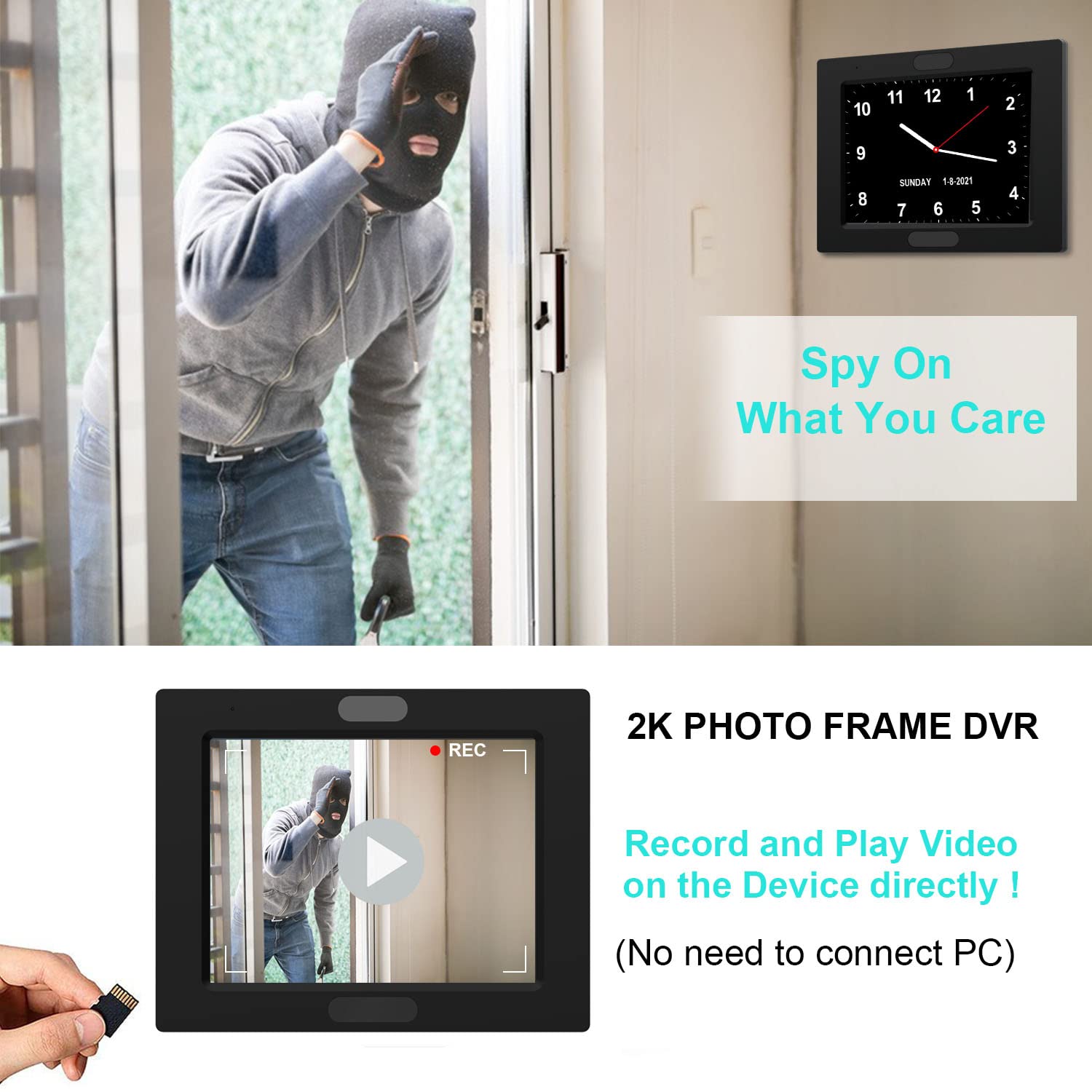AMZCEV 2K Hidden Camera - 8'' Digital Photo Frame - Calendar Alarm Clock Spy Camera, PIR Motion Activated Recording with Night Vision for Indoor Security or Outdoor Recording - No Need WiFi