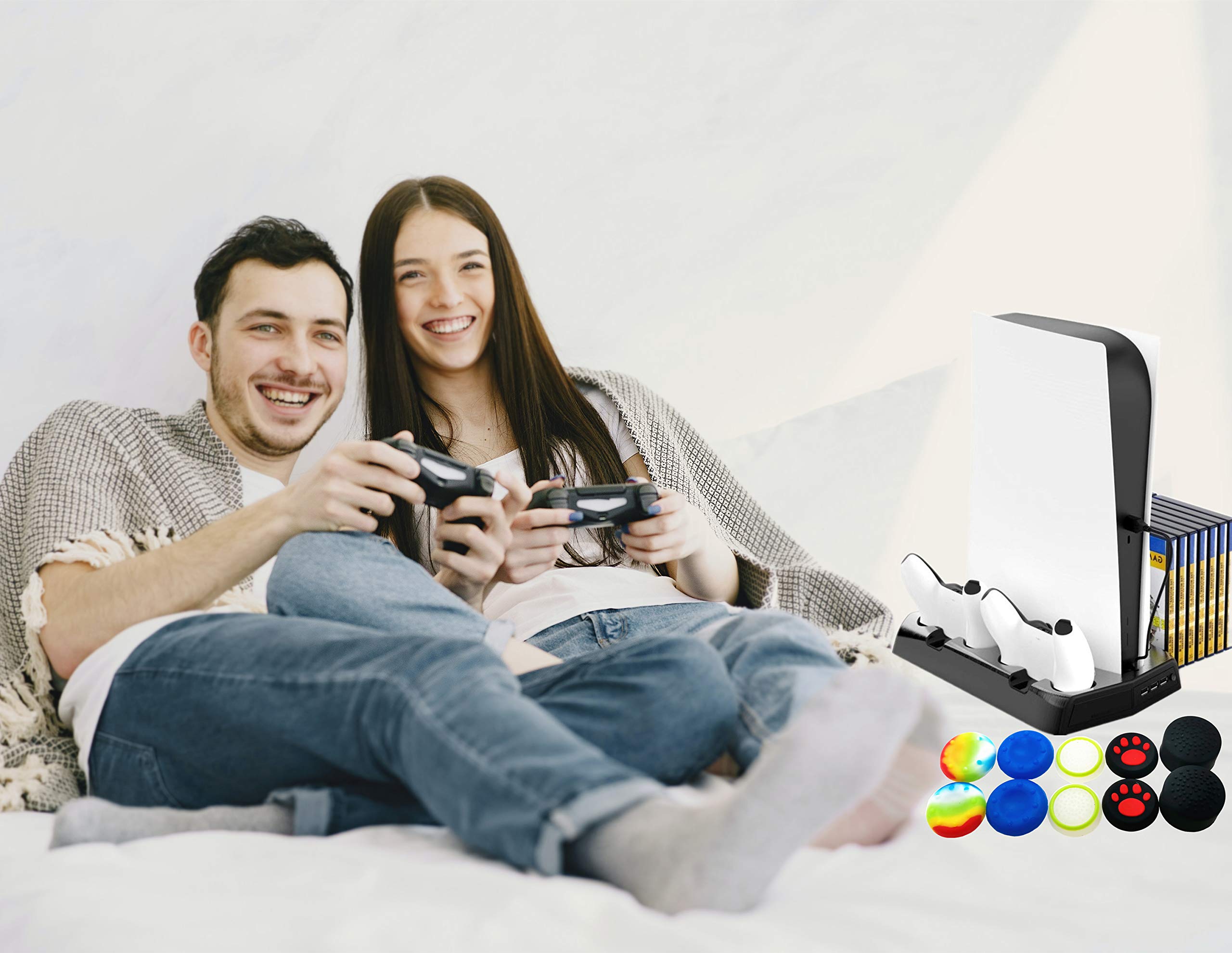 Cooling Fan for Ps5, 2-in 1 Vertical Stand with Dual Controller Charger Ports and 14 Game Rack Storage for Ps5 Cd/Digital Edition with 10pcs Thumb Joysticks