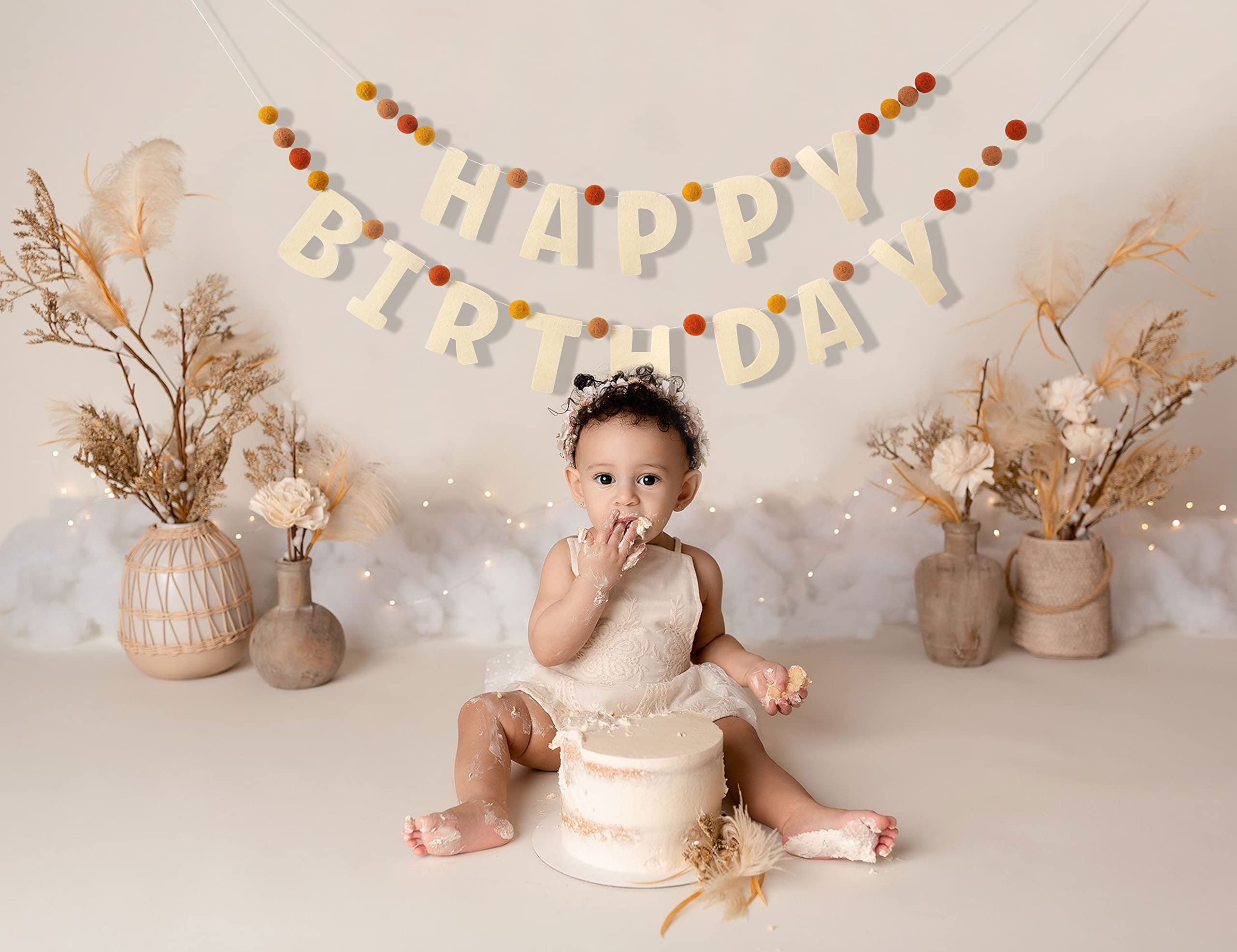 Boho Felt Happy Birthday Garland - Natural Handmade Wool Letters & Balls, Boho Birthday Decoration, Decorations for Children's Birthday Parties, Assembled Happy Birthday Banner