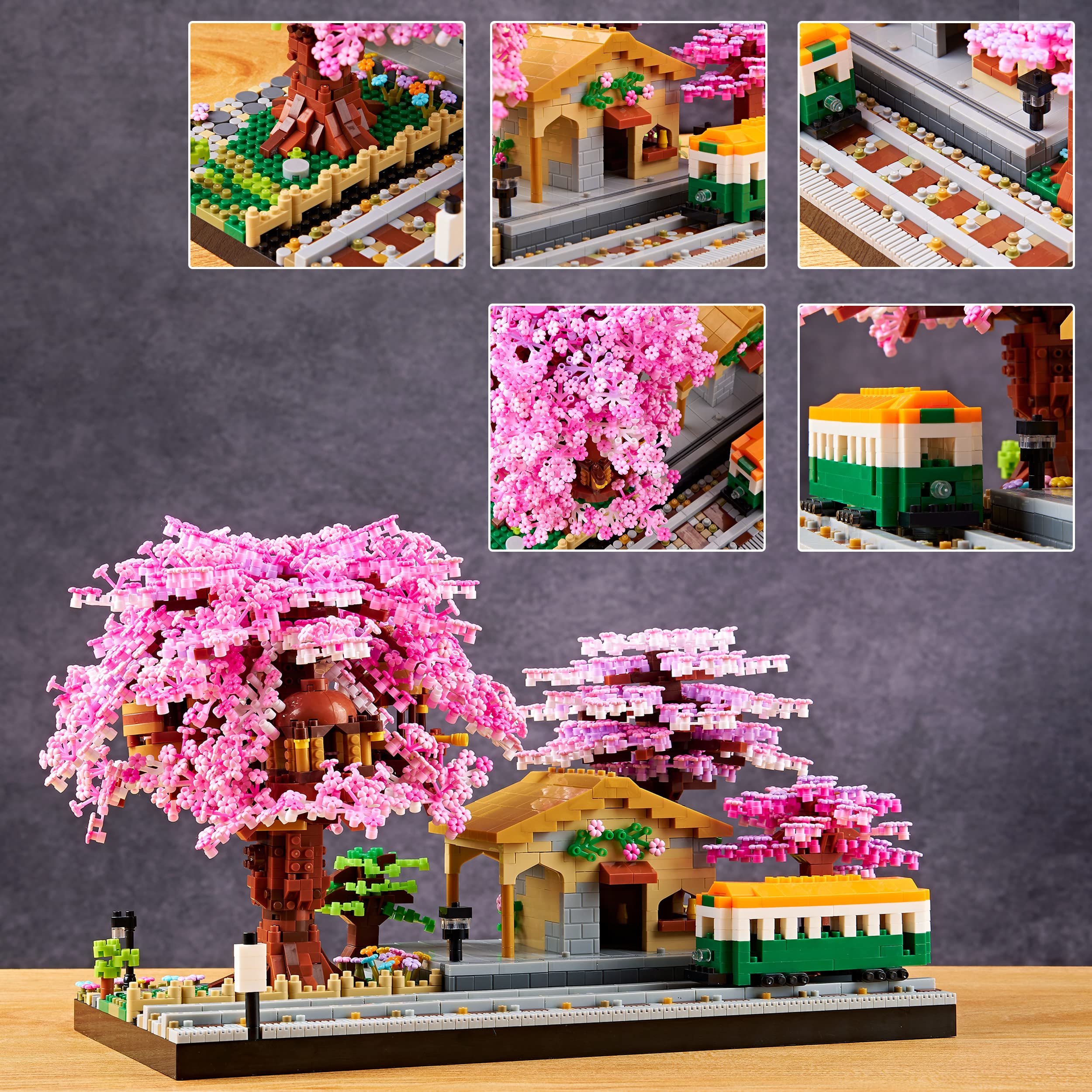 DOLBLOCK Japanese Cherry Blossom Tree Flower House Micro Building Blocks Set for Adults Bus Station Mini Bricks Model, Treehouse, Decorative Architectural Present Toy for Girl Children Age of 14+