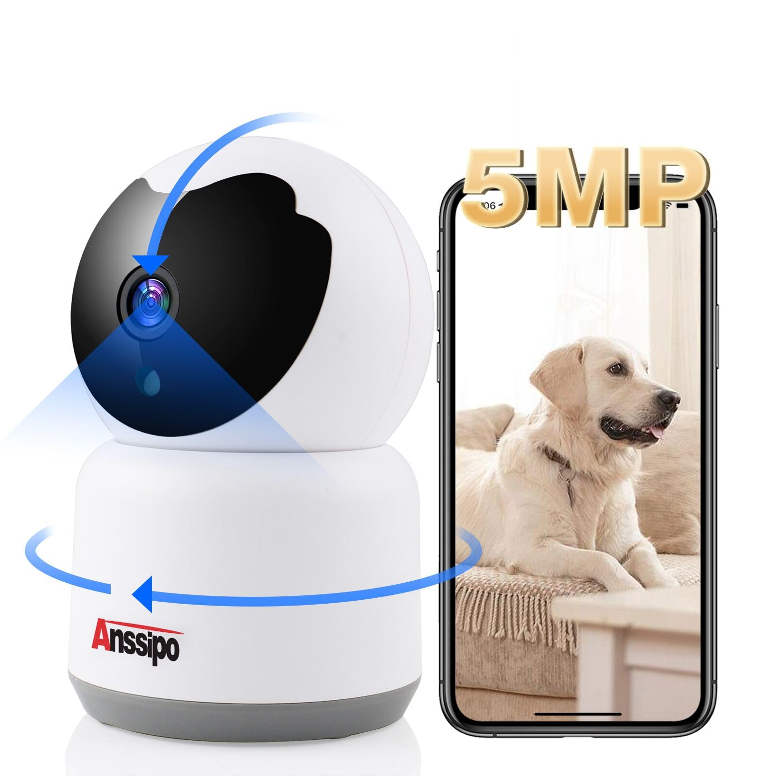 Anssipo Indoor Security Camera for Baby Monitor, Home Security, 5MP HD Pet Dog Camera WiFi with Two-Way Audio, Auto Tracking,Motion Detection,Night Vision