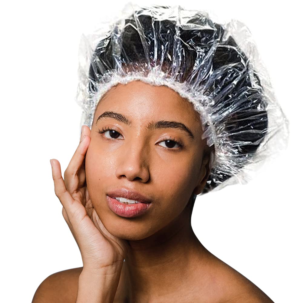 Greatremy 50PCS Thick Elastic Disposable Shower Cap, Large Plastic Waterproof Bath Caps, for Women, Kids men, Hair Cap for Hair Treatment Salon, Travel,Home Kitchen, Hospital, Hotel (Clear)