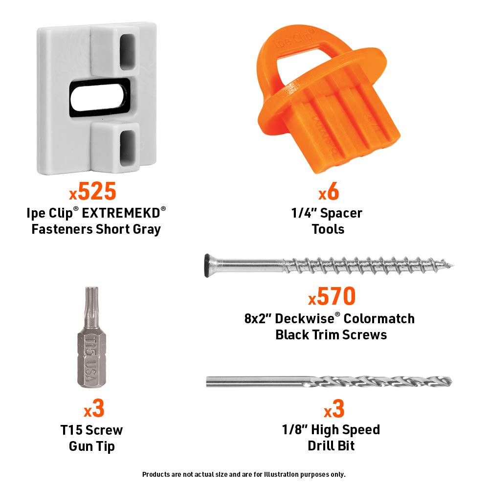 DeckWise (Grey) Ipe Clip EXTREMEKD Hidden Deck Fasteners, 1/4" Spacing, Stainless Steel Black #8x2" Trim-Head Screws for 300 Sq. Ft. of KD Hardwood, Thermal or Composite Decks (525 Bucket)