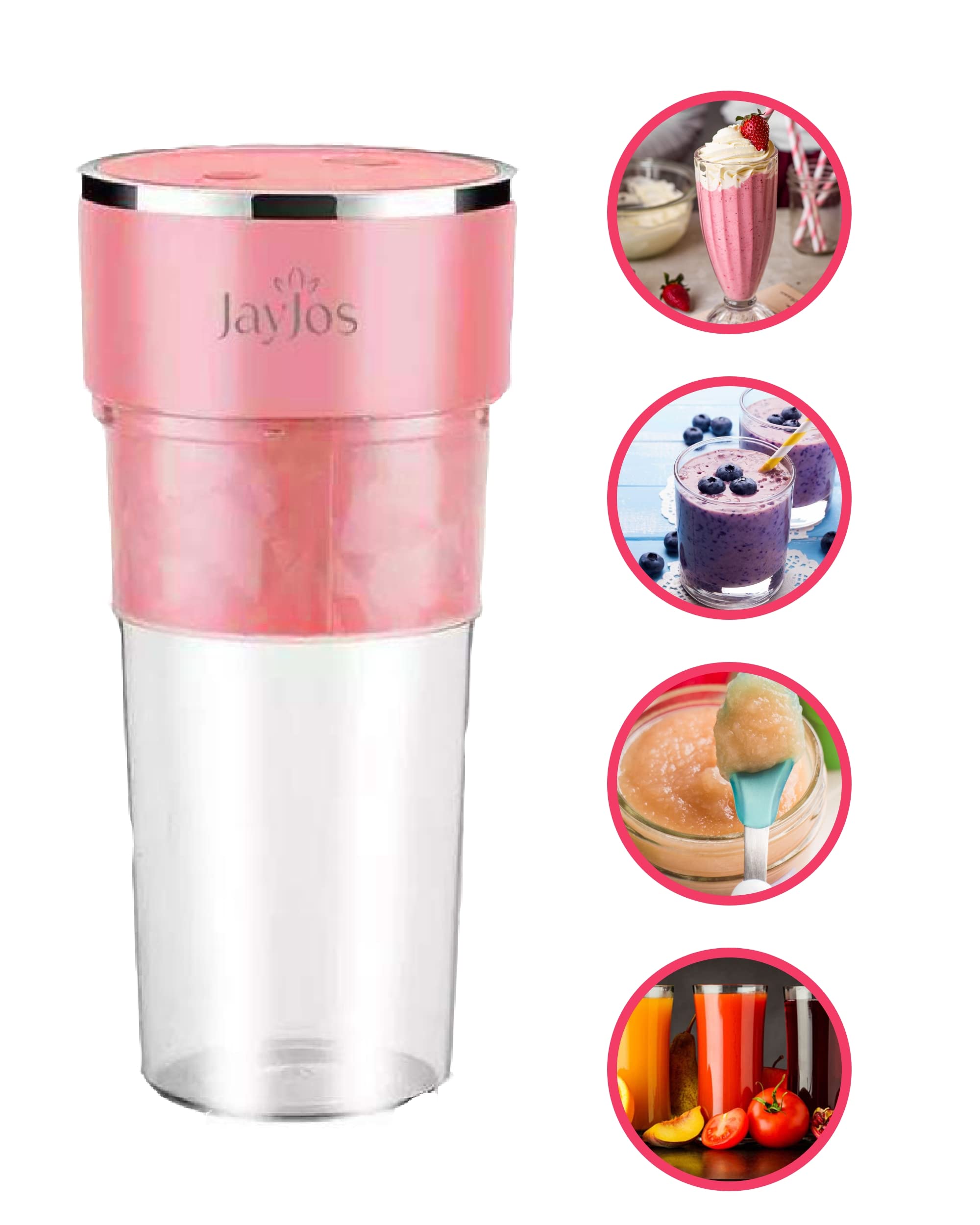 JayJos Portable Blender Smoothie Juicer Cup USB Rechargeable Home Travel Personal Mini size, Electric Powerful Sports (Pink)