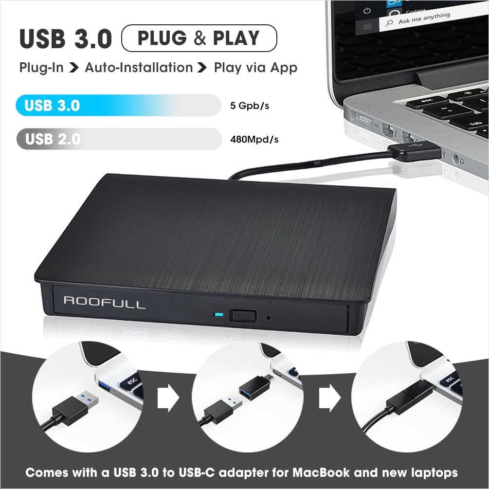 ROOFULL External CD/DVD Drive USB 3.0 Portable CD DVD Player Burner Reader Writer CD/DVD-ROM +/-RW Optical Disk Drive for Laptop PC Mac Windows 11/10/8/7 Linux Computer with Carrying Case