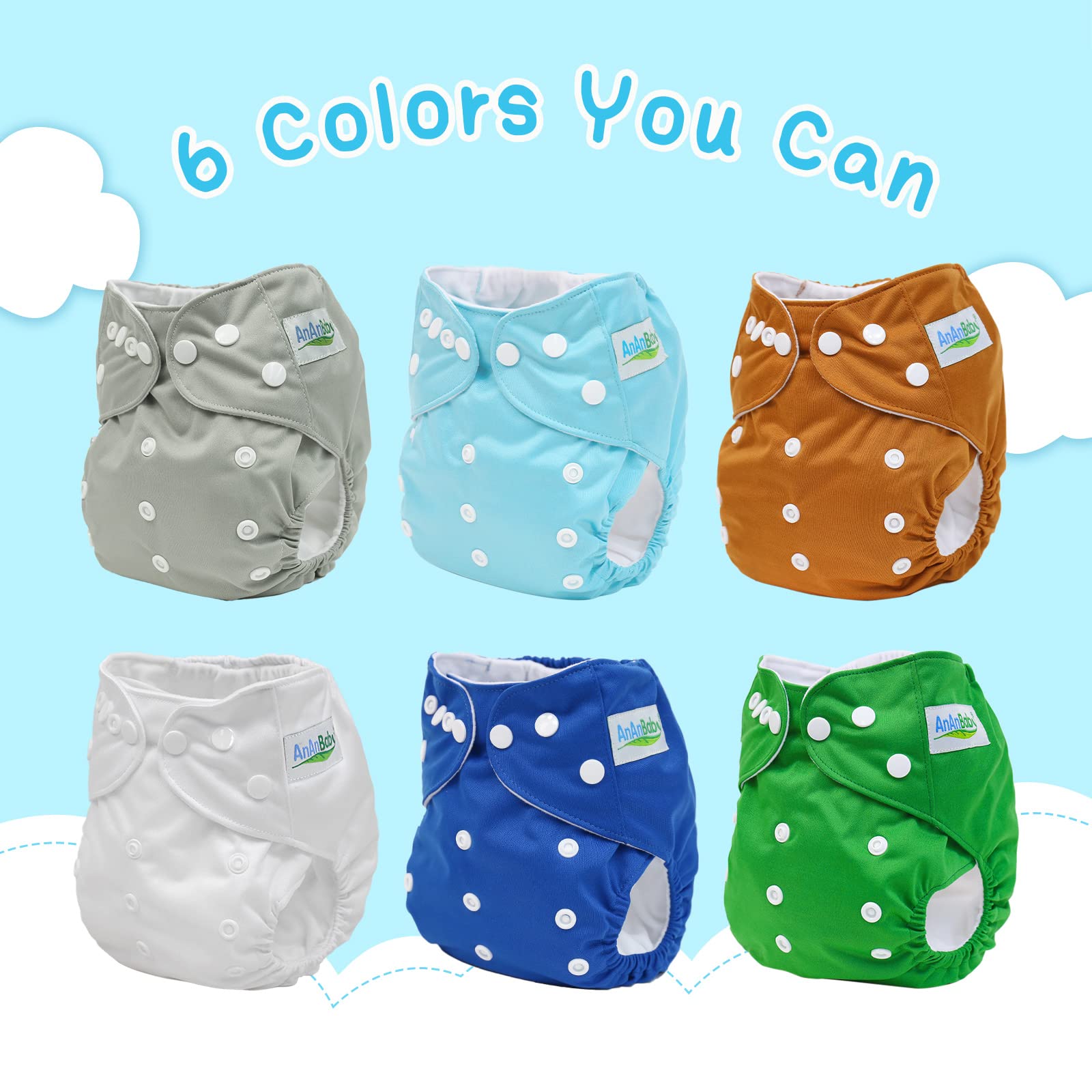 AnAnBaby Reusable Cloth Diapers for Babys, One Size Adjustable Washable Pocket Nappy Covers 6 Pack with 9pcs Microfiber Inserts for Toddler Boys & Girls