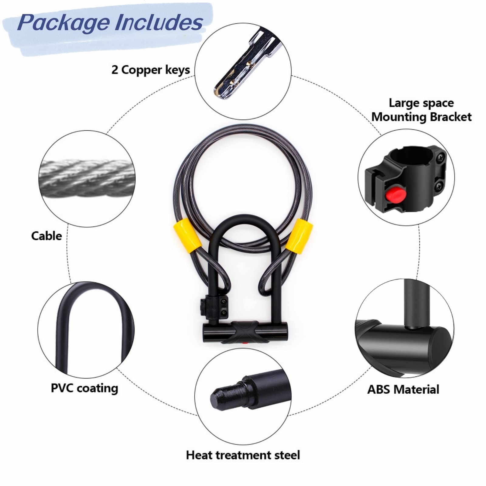 BABEIYXM Bike U Lock - Heavy Duty Security U Cable Bike Lock with 5.5ft/1.7m Bike Cable and Sturdy Mounting Bracket for Road Bikes, Mountain Bikes, E-Bikes, Folding Bikes, Dustproof and Waterproof
