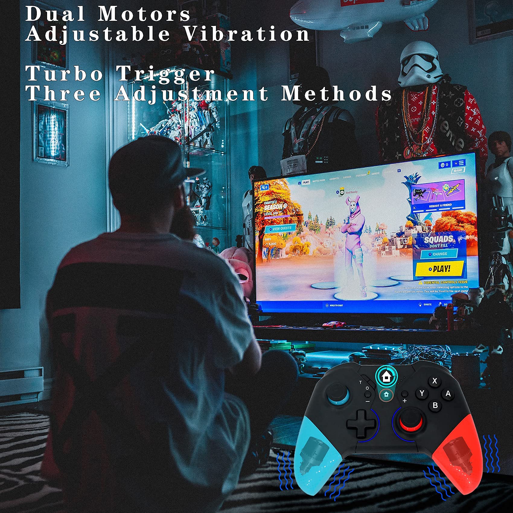 Aizami Wireless Pro Controller with RGB Breathing Light - Upgrade Controller for Nintendo Switch/Lite/Windows with Wake Up, Turbo, Gyro Axis, Dual Shock,Customizable Button (Red Blu
