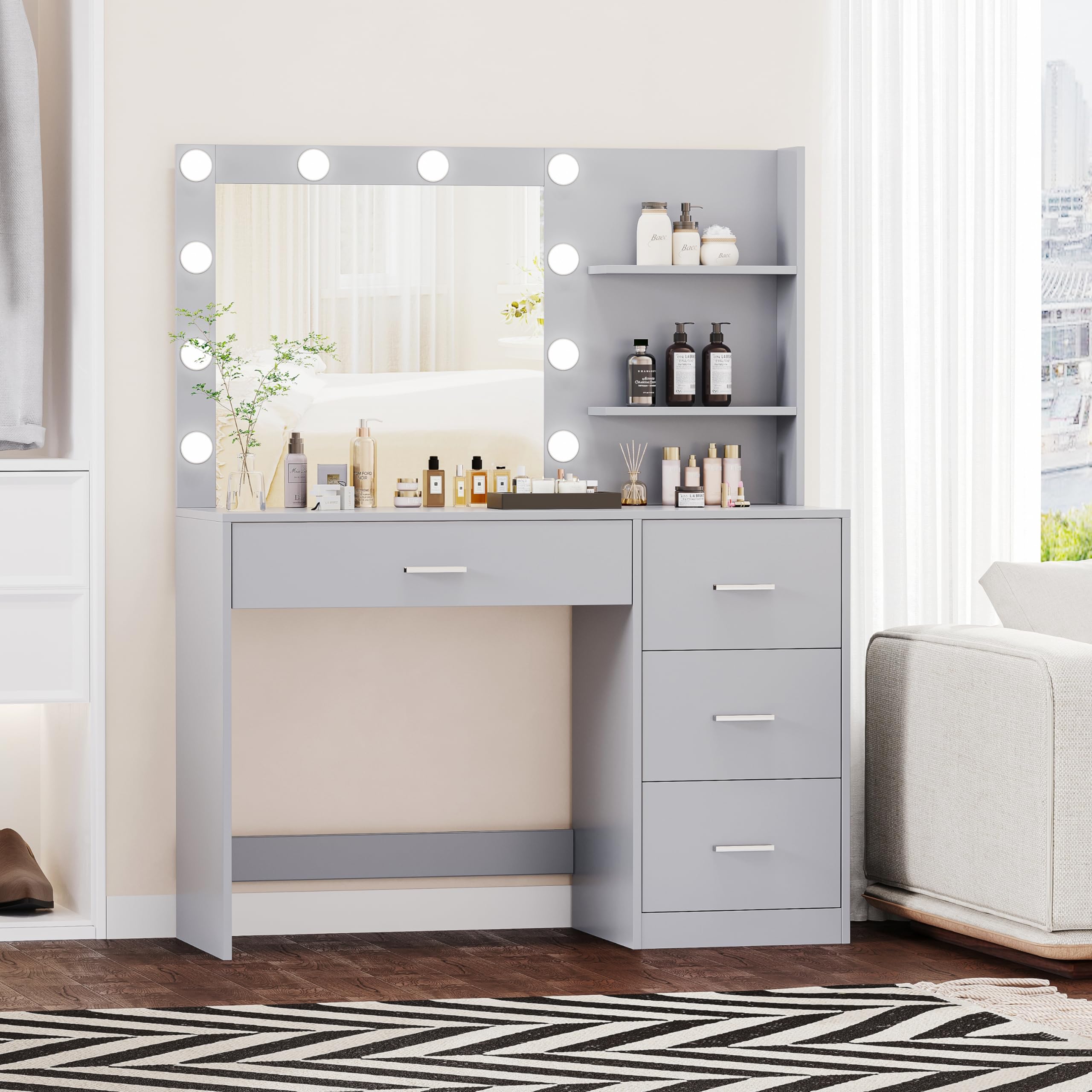 Rovaurx Makeup Vanity Table with Lighted Mirror, Makeup Vanity Desk with Storage Shelf and 4 Drawers, Bedroom Dressing Table, 10 LED Lights, Gray