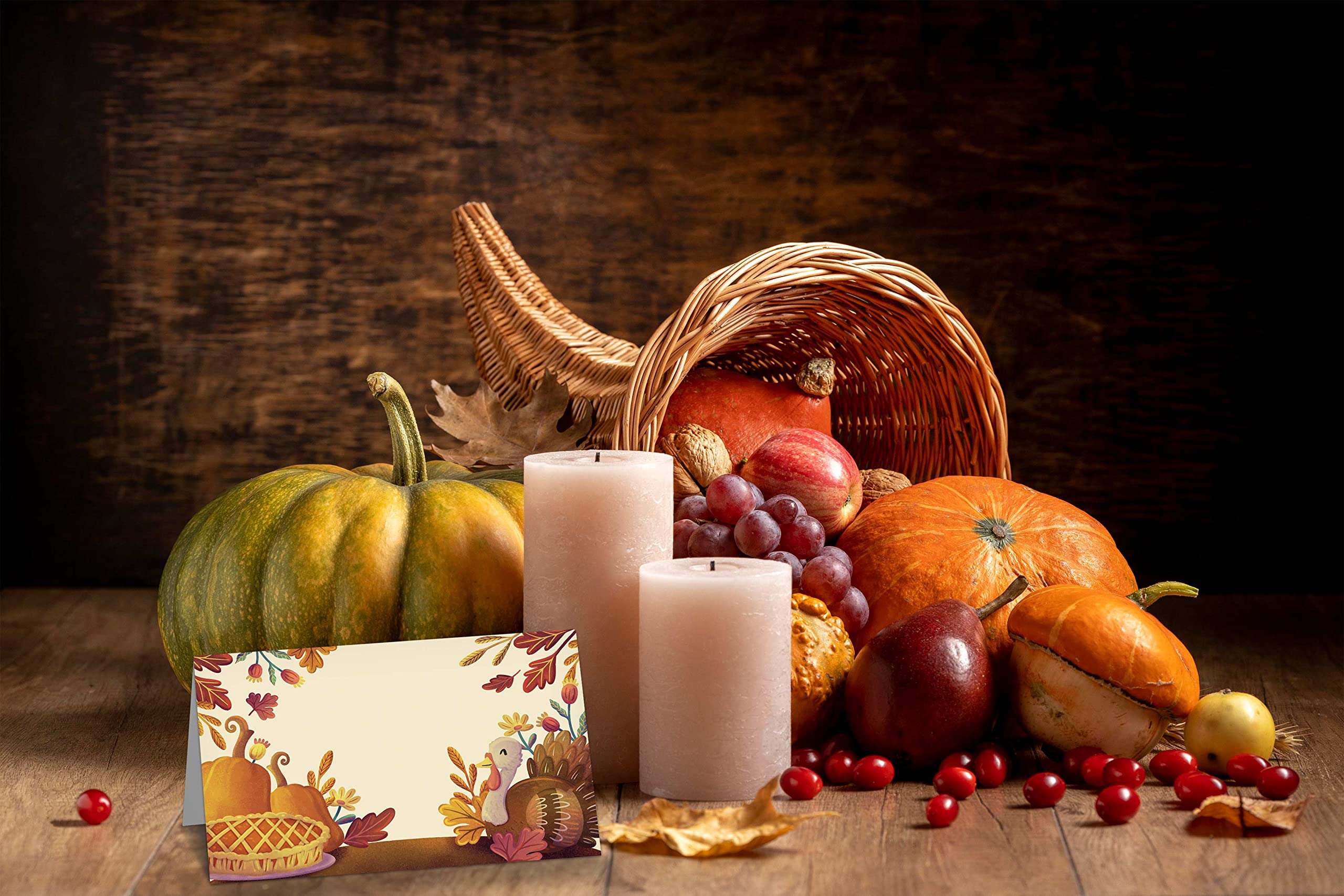 Fall Thanksgiving Table Place Card, 25 Pcs Tent Style Cards Set with Pumpkin and Maple Leaf, Editable Name Cards for Table Seating, Scored for Easy Folding, Food Lables for Autumn Party (05)