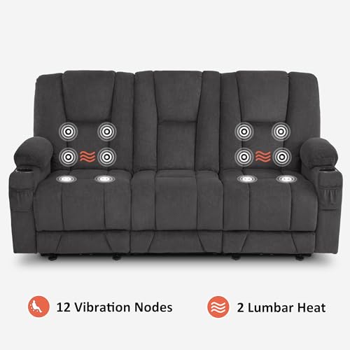 MCombo Power Reclining Sofa with Heat and Vibration,USB Ports, Cup Holders,3-Seat Dual Recliner Sofa for Living Room 6015 (Gray)