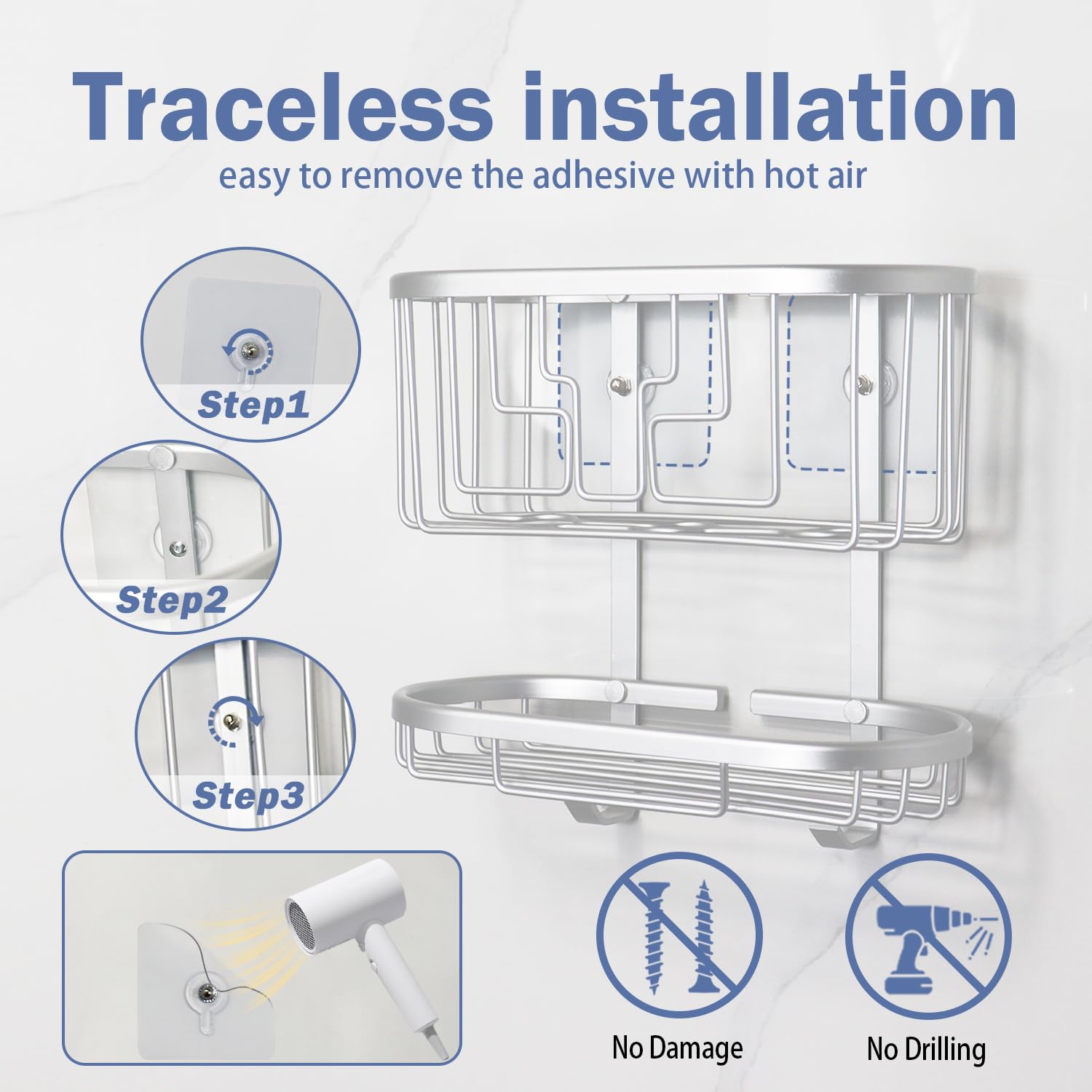 Baolihua Shower Caddy 2 Tier, with Soap Holder and 2 Hooks, Aluminum Bathroom Organizer, Never Rust, No Drilling Required for Bathroom, Silver.