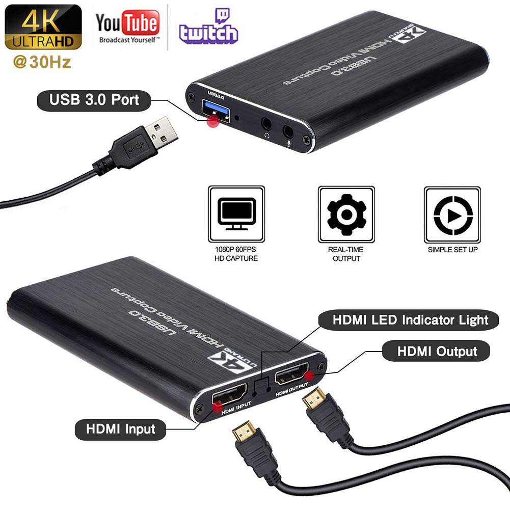 Wiistar USB Video Capture Card 1080P60FPS HDMI to USB 3.0 Audio Video Capture Device with 3.5mm Audio Out and MIC Support HDMI Loopout Game Recorder for PS4 Live Streaming