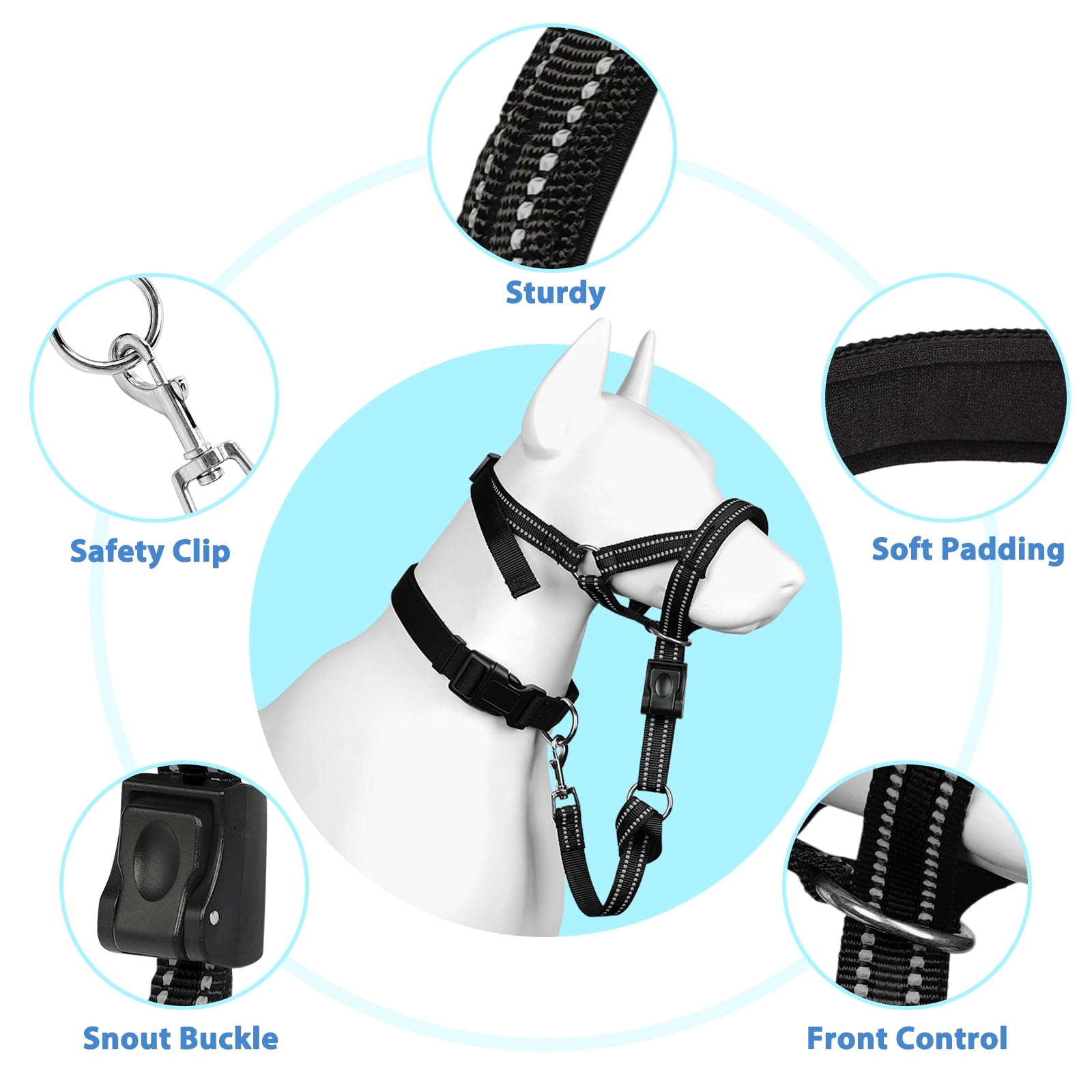 BARKLESS Soft Dog Head Collar, Padded No Pull Head Halter, Dog Training Nose Leash with Safety Link for Medium Large Dogs, Adjustable Muzzle Leash, Easy Control for Dog Walks(Black, M)