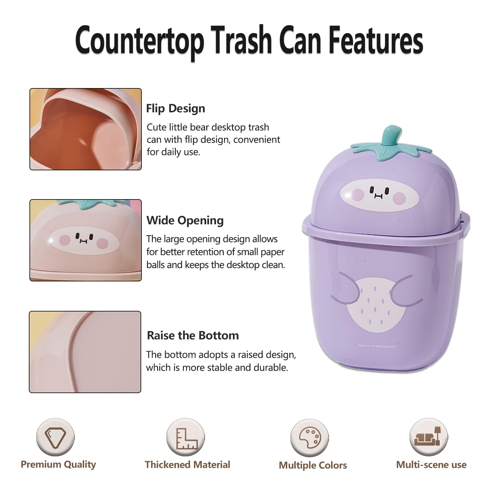 Benshukam Mini Trash Can with Lid 0.5 Gallons Small Trash Can Desktop Flip Countertop Garbage Cans for Bathrooms, Kitchens, Offices, Dressing Table (Purple)