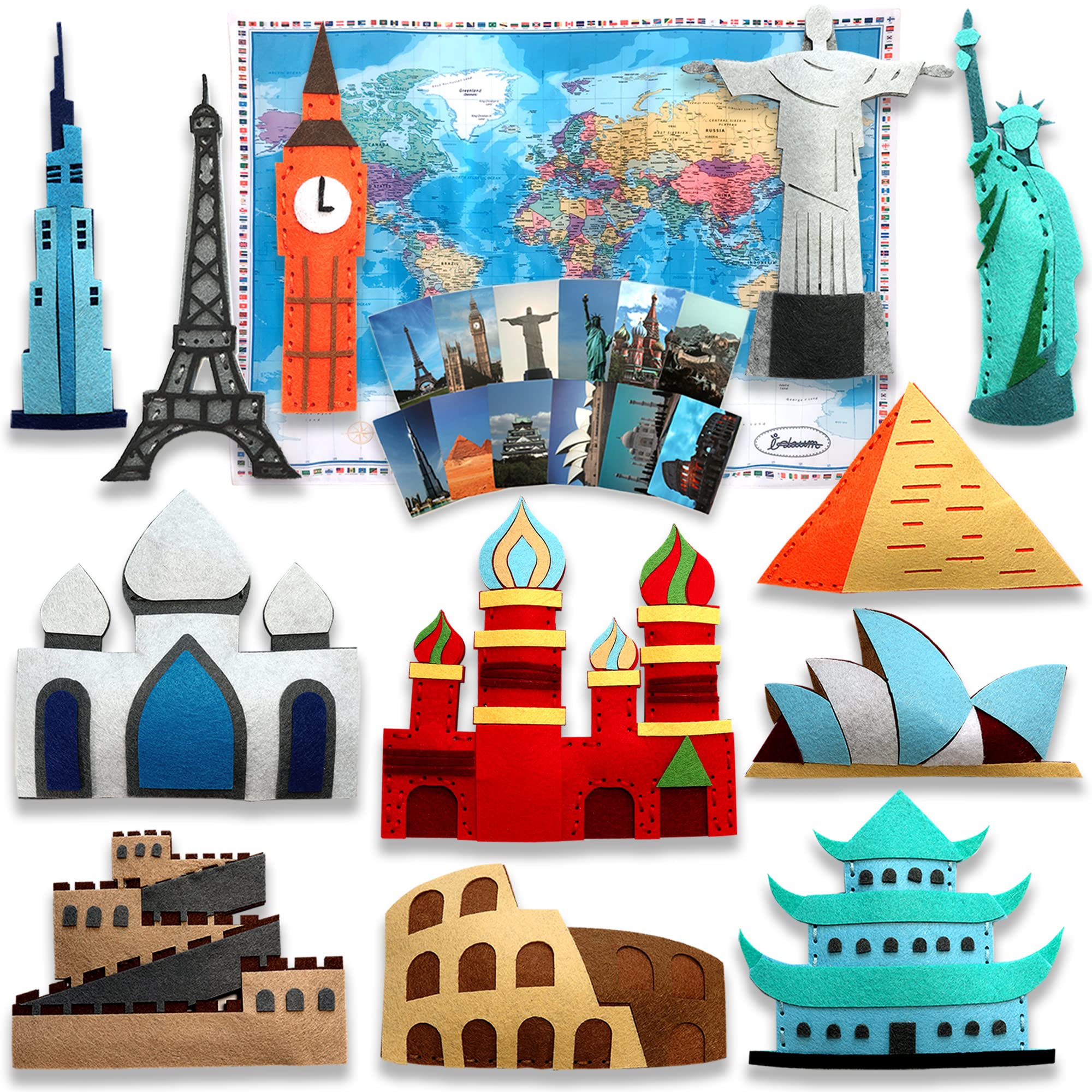 i-daum Sewing Kit for Kids - Worldwide Landmarks Craft kit w. World map, Information Cards, Educational Arts & Crafts Gift for Boys and Girls Ages 8-12, DIY Kid Felt Sewing Project Includes 37 Items