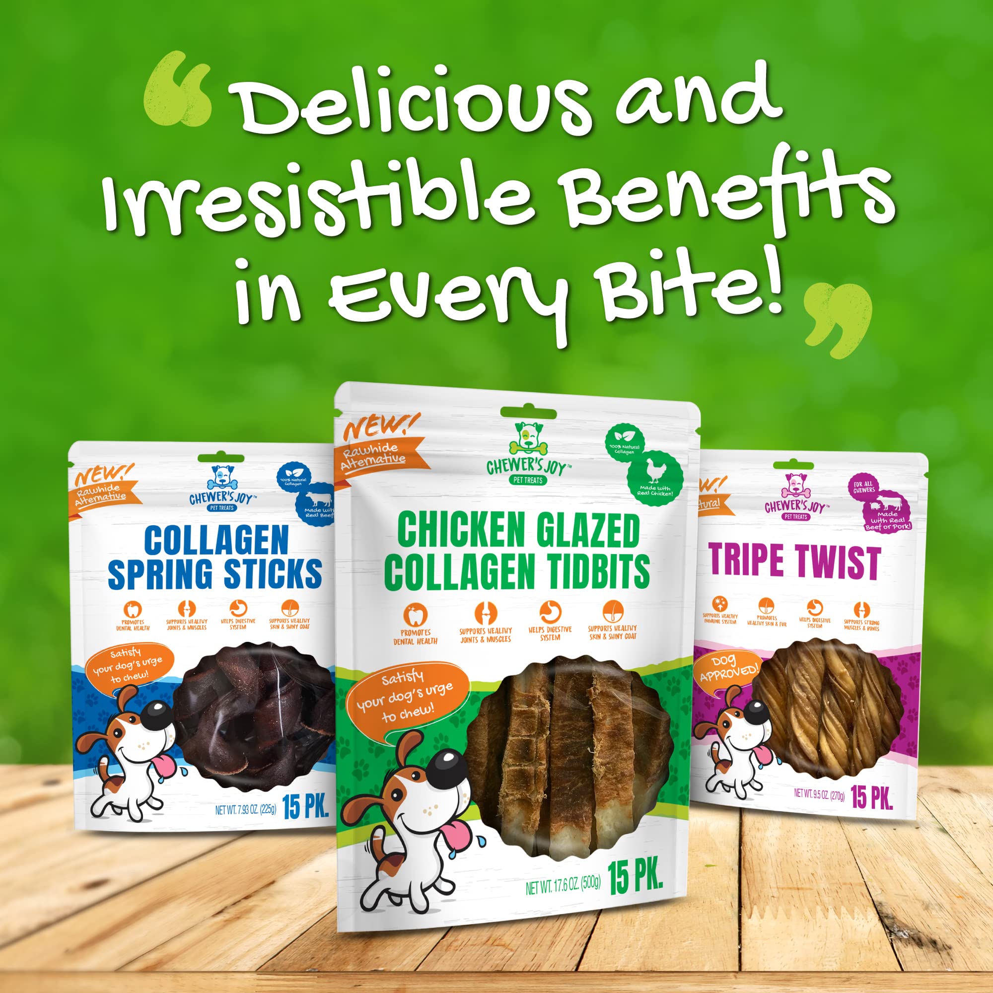 Chewer's Joy Chicken Glazed Collagen Tidbits 15pk 6" for Dogs, Premium Quality. High Protein, Promotes Joint, Skin, Gut Health & Shiny Coat. Bully Stick & Rawhide Alternative. Long Lasting chew.
