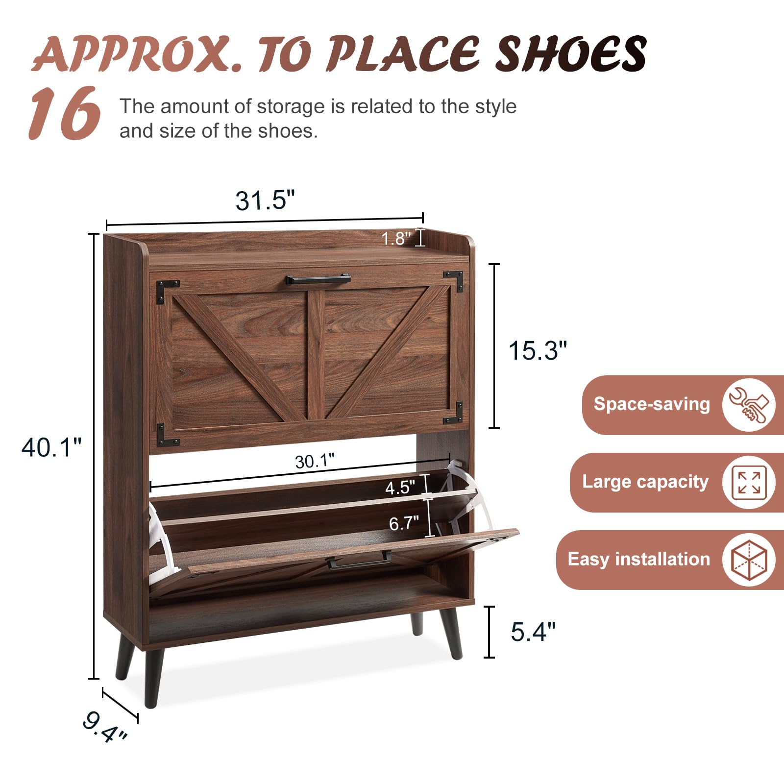 Barnyatoh Shoe Storage Cabinet with 2 Flip Drawers, Farmhouse Hidden Shoe Organizer, Narrow Slim Shoe Rack Cabinet for Entryway Hallway,Brown