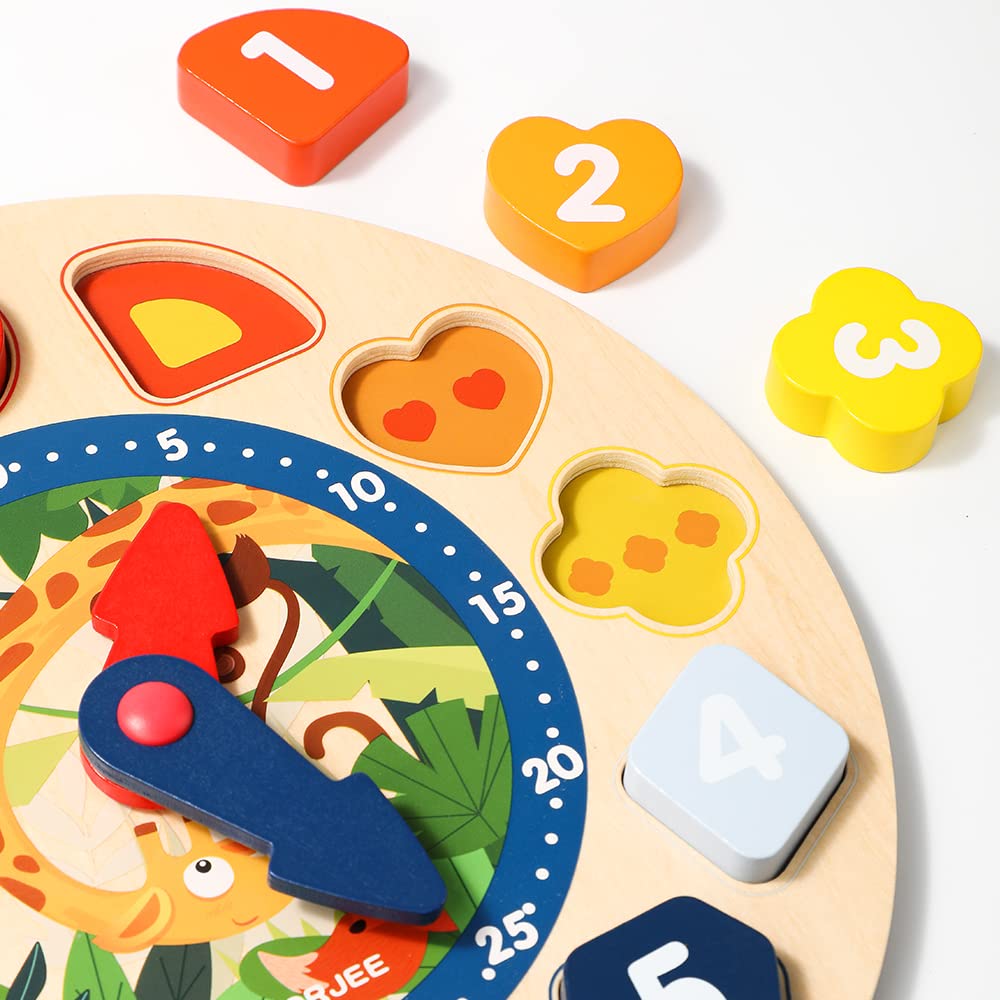 Dorjee Shape Sorter Teaching Clock, Learning Time Clock for Kids , Montessori Toys with 12pcs Removable Number Blocks, Display Holder Included