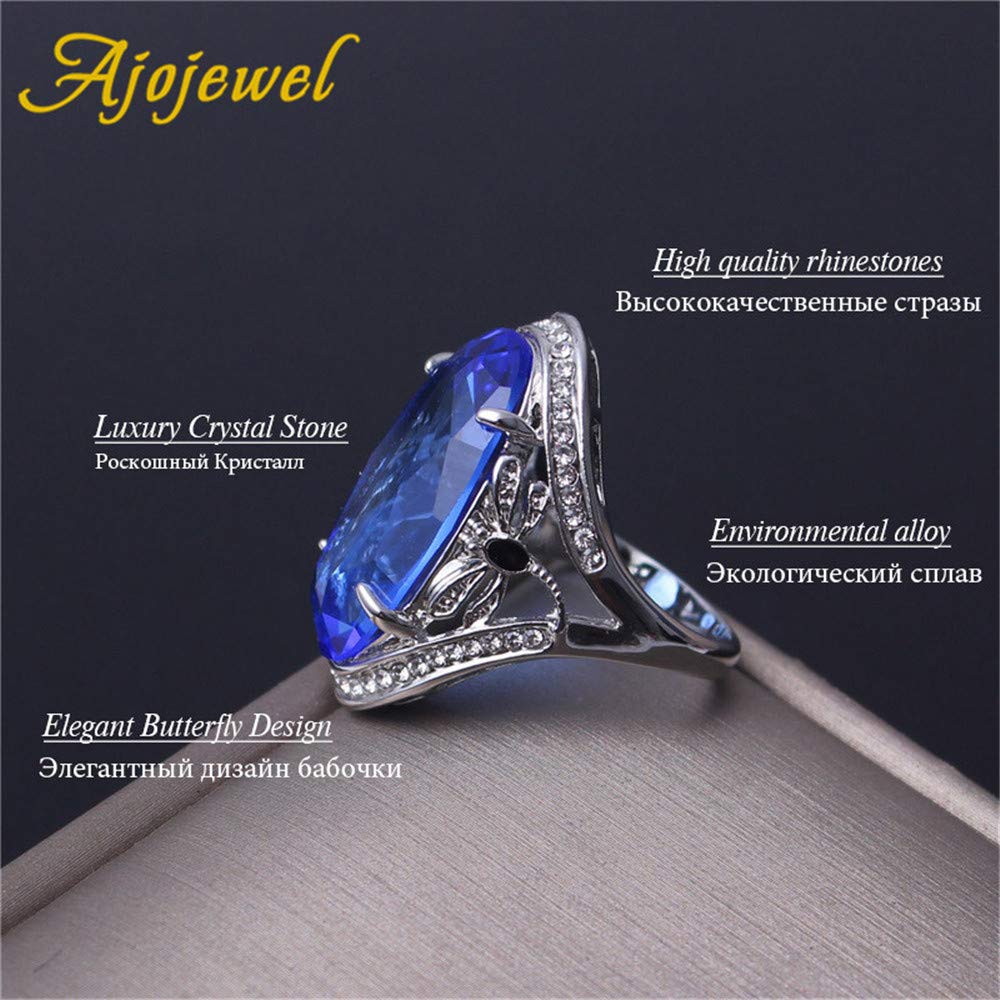 Ajojewel Big Crystal Blue Sapphire Ring Women Single Stone Cubic Zirconia Wedding Ring Statement Jewelry (Blue, 8)